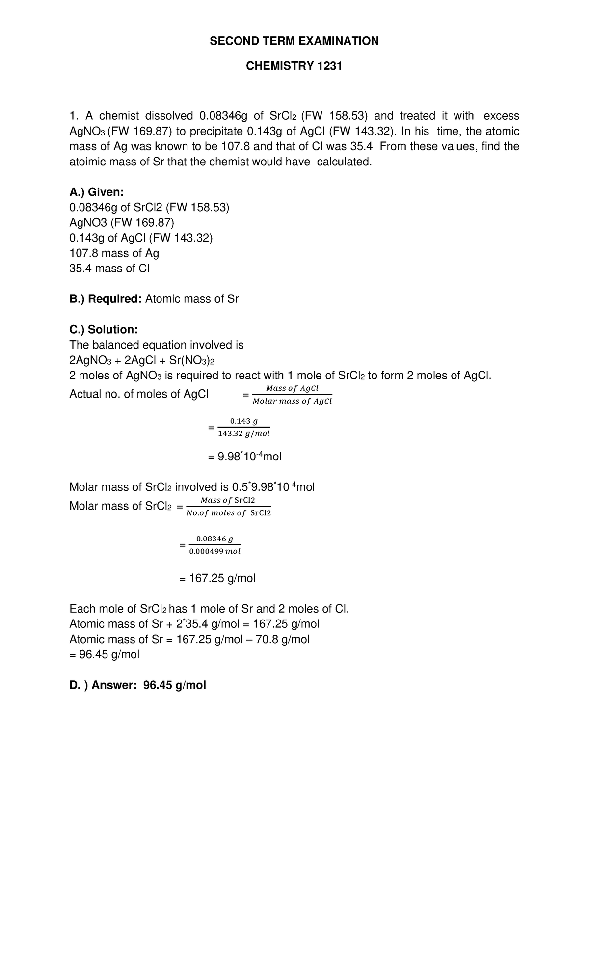 CHEM 1231-Gravimetric Exam Solutions and Detailed Explanations - Studocu