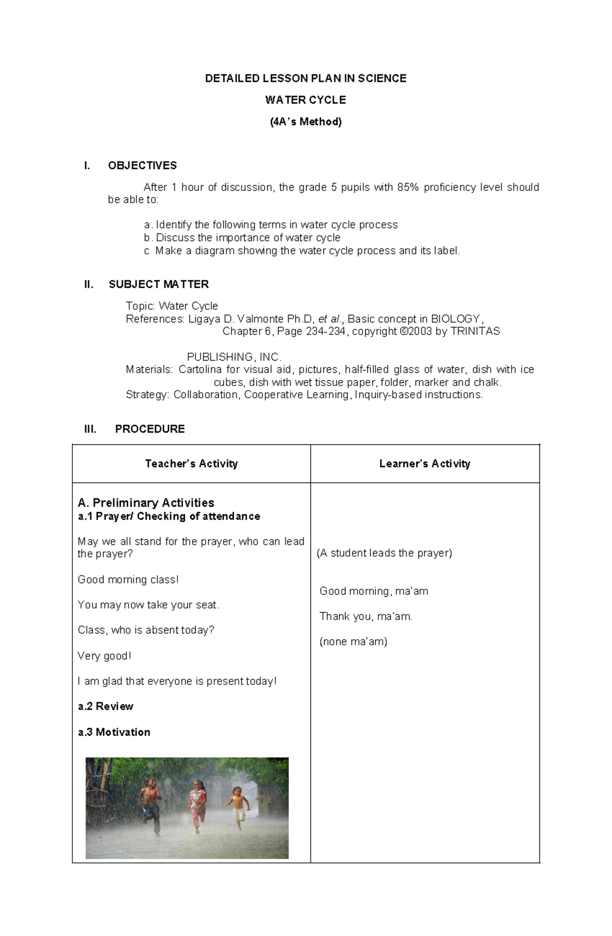 Detailed Lesson Plan in Science: Water Cycle (Grade 5) - Studocu