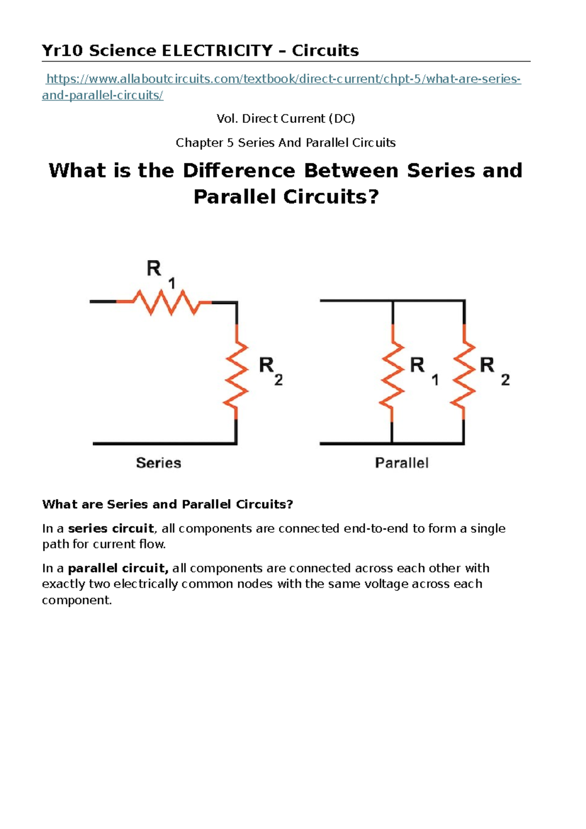 Yr10 Science Electricity - Chapter 5: Series vs Parallel Circuits - Studocu