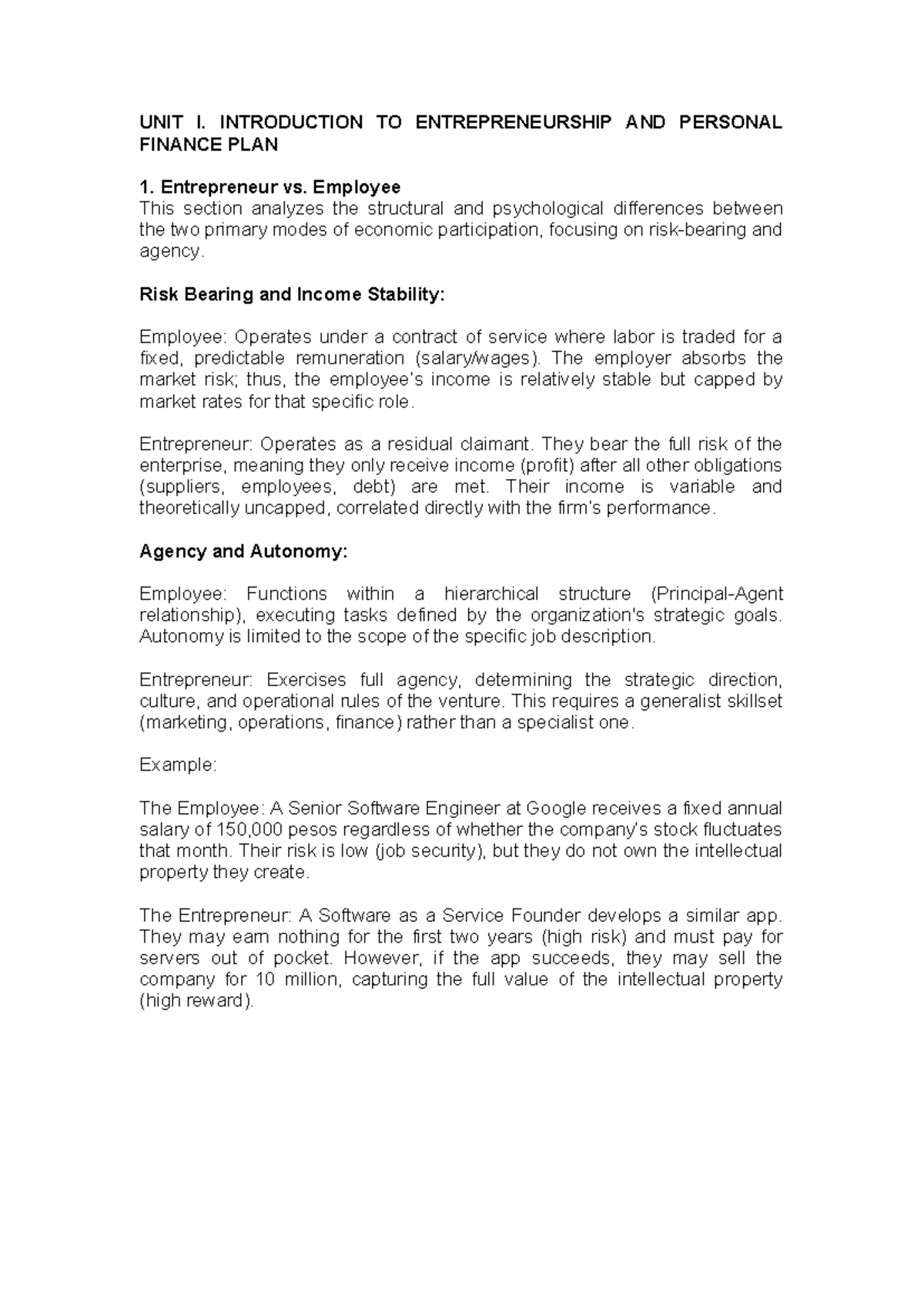 UNIT I: ENTREPRENEURSHIP & PERSONAL FINANCE OVERVIEW - Studocu