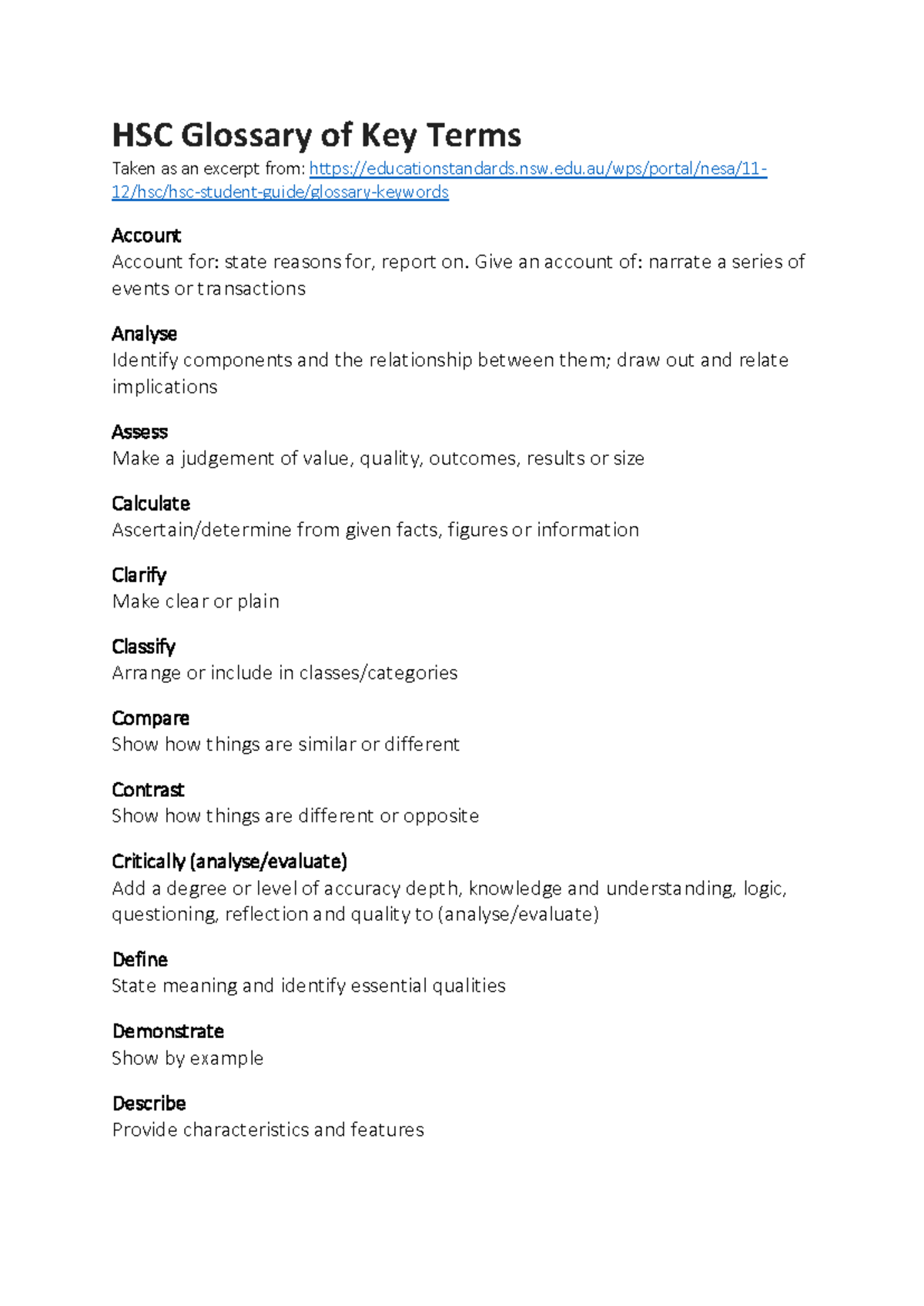 HSC Glossary of Key Terms for Exam Preparation and Study Guide - Studocu
