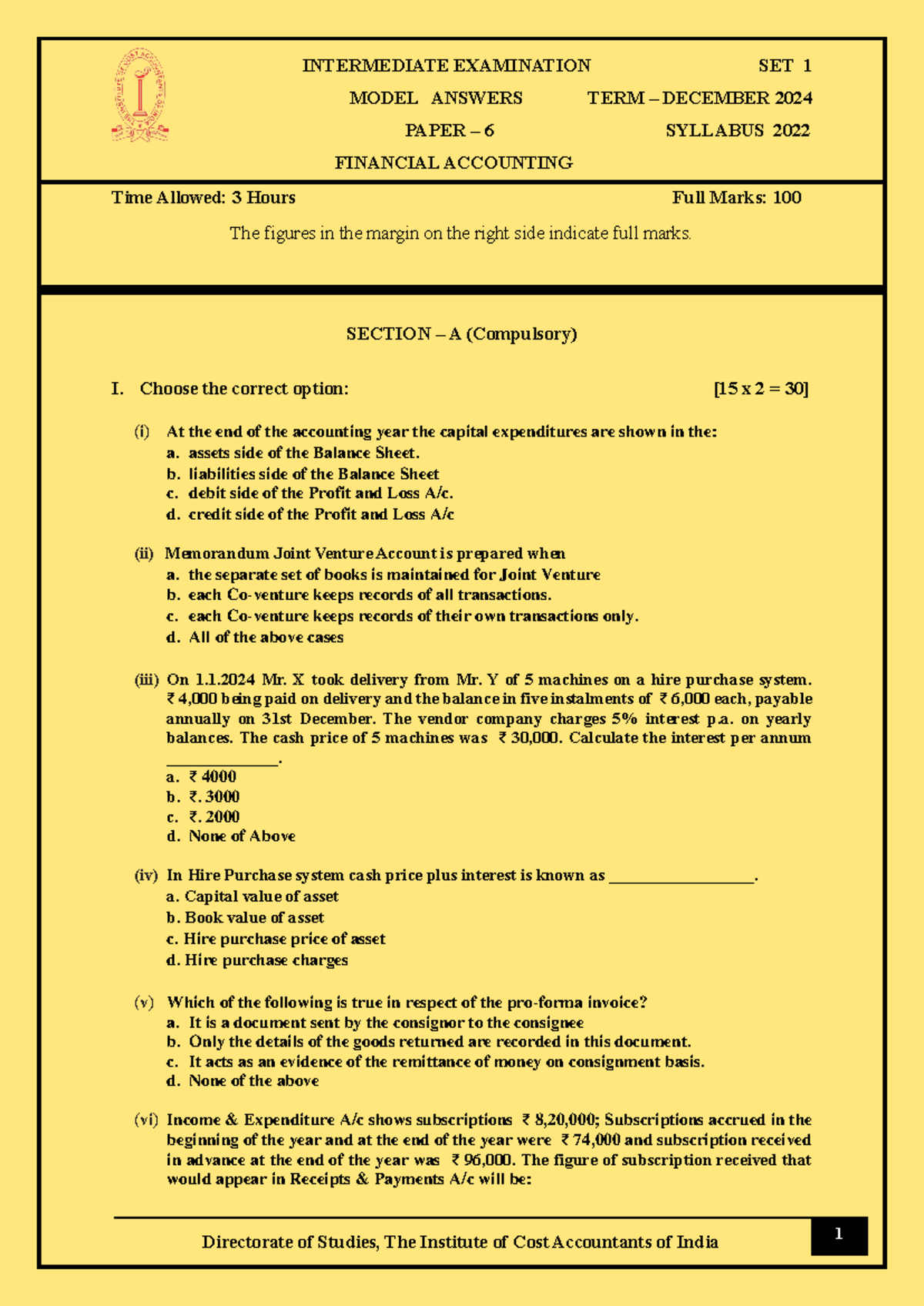 CMA Inter Paper 6 Model Answers - Financial Accounting (Dec 2024) - Studocu