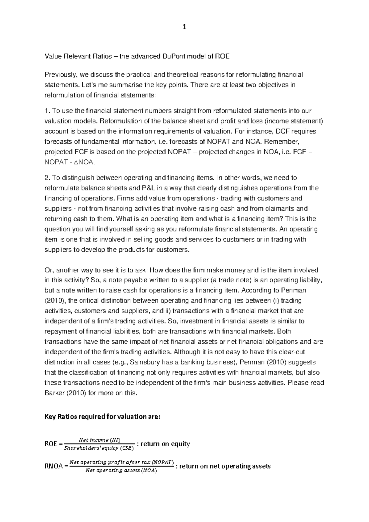 Advanced DuPont Model of ROE: Analysis & Key Valuation Ratios - Studocu