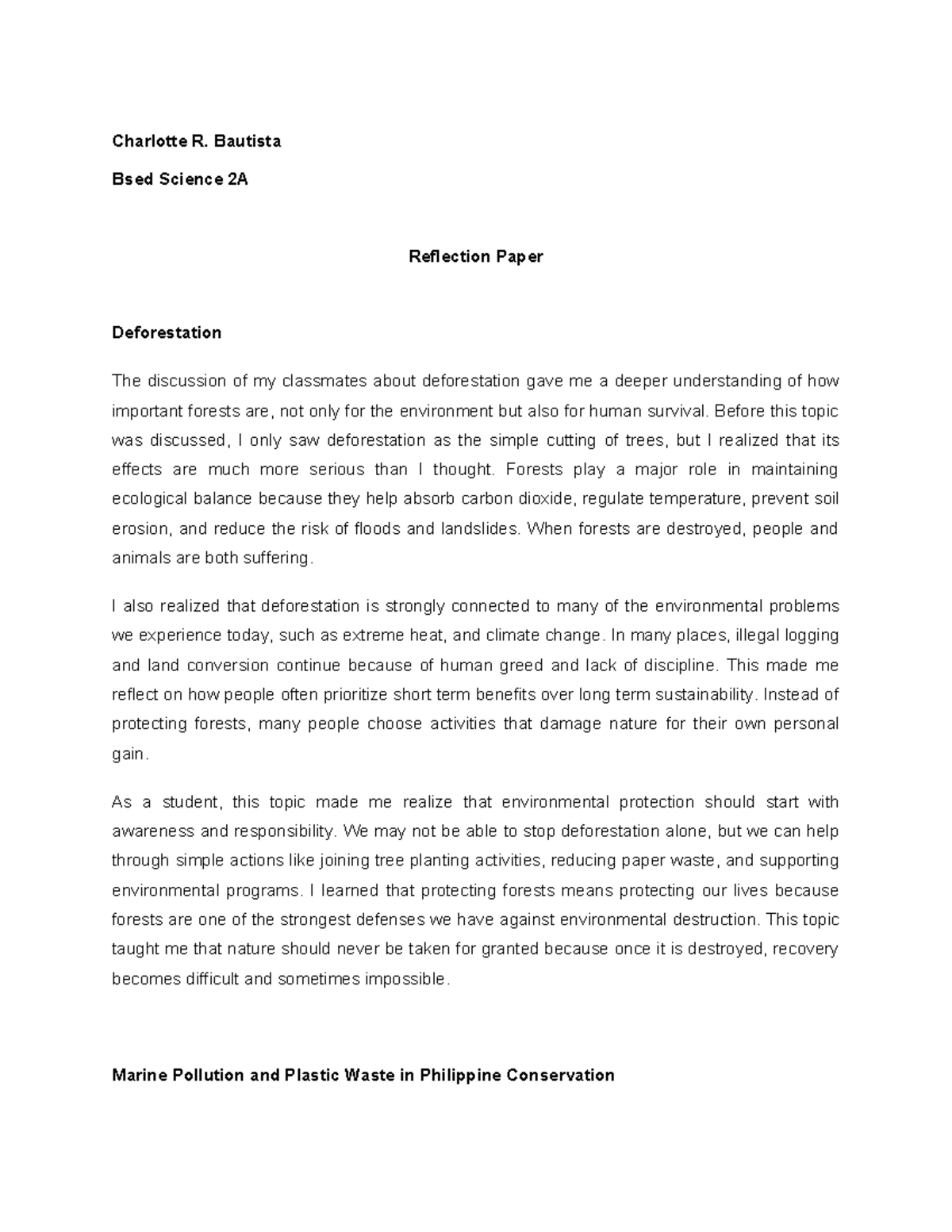 BSED Science 2A Reflection Paper: Insights on Deforestation & Marine ...