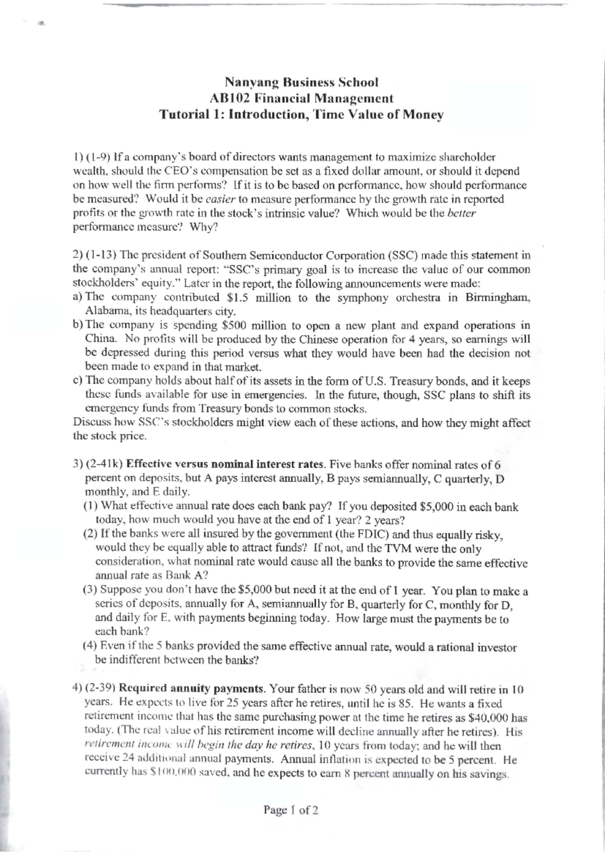 Tutorial 1: Introduction, Time Value of Money - Nanyang Business School ...