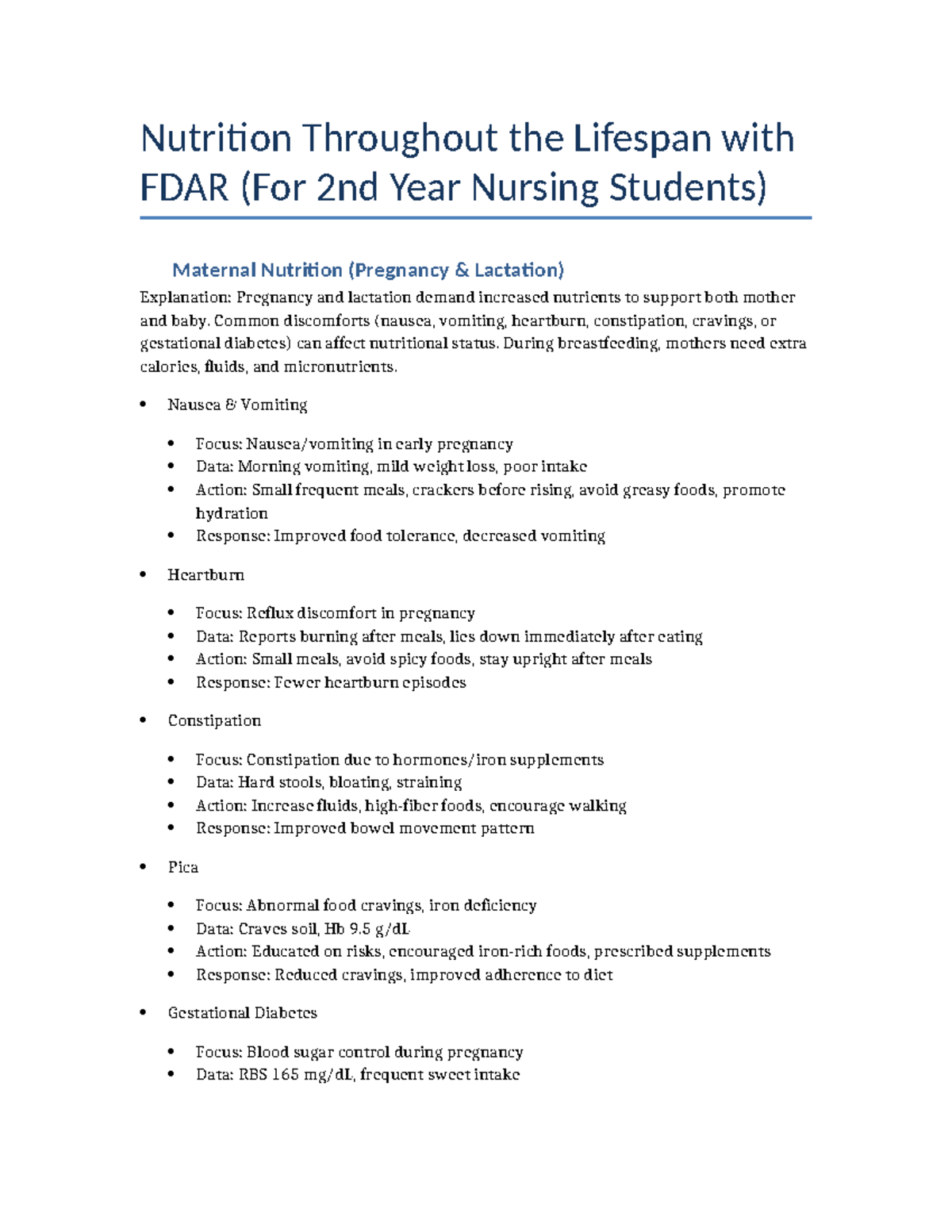 Nutrition Across the Lifespan: FDAR Insights for Nursing Students - Studocu