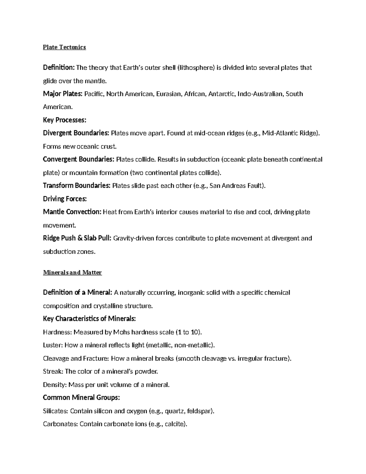 Test 1 Study Guide: Plate Tectonics, Minerals, Volcanoes, and ...
