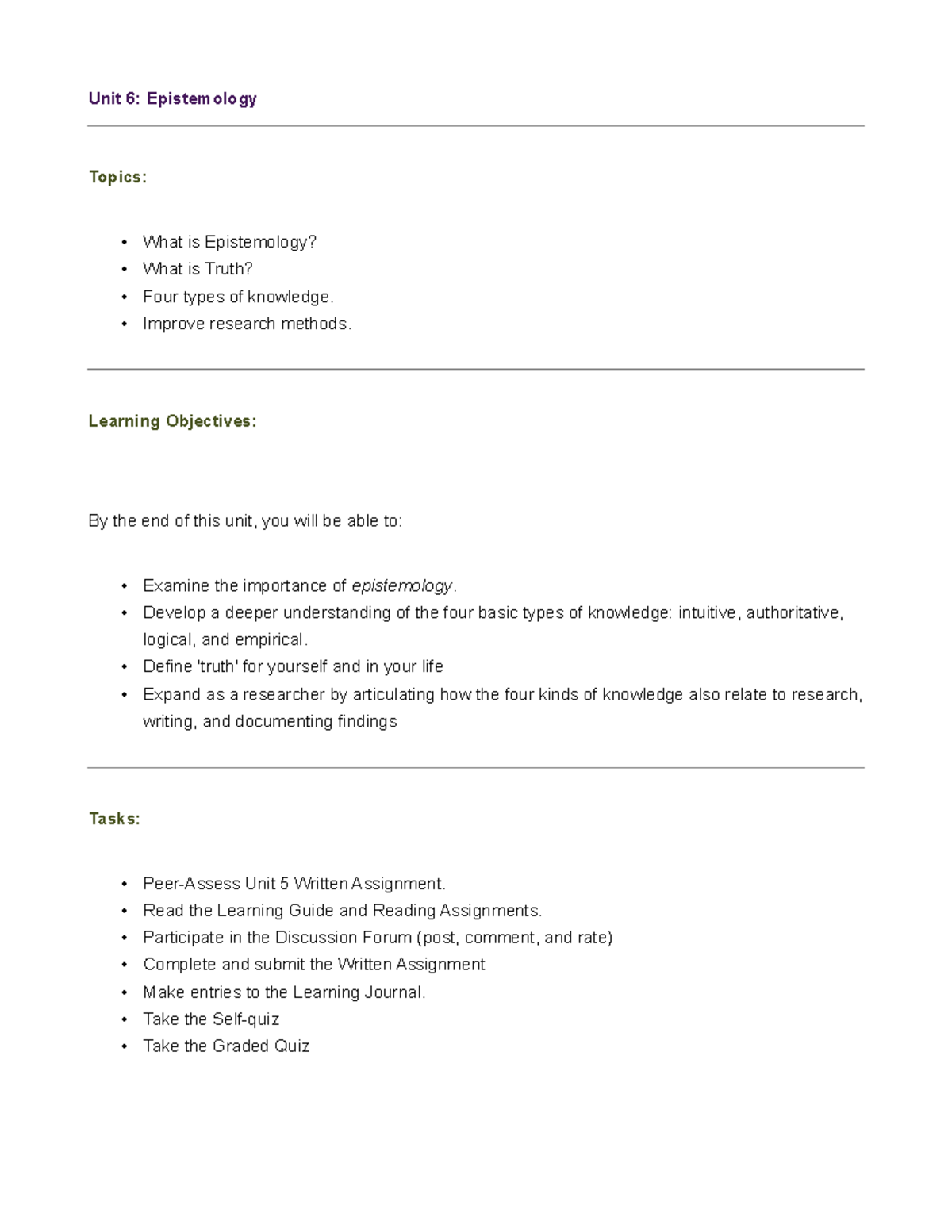 Unit 6 Learning Guide: Epistemology and the Concept of Truth - Studocu