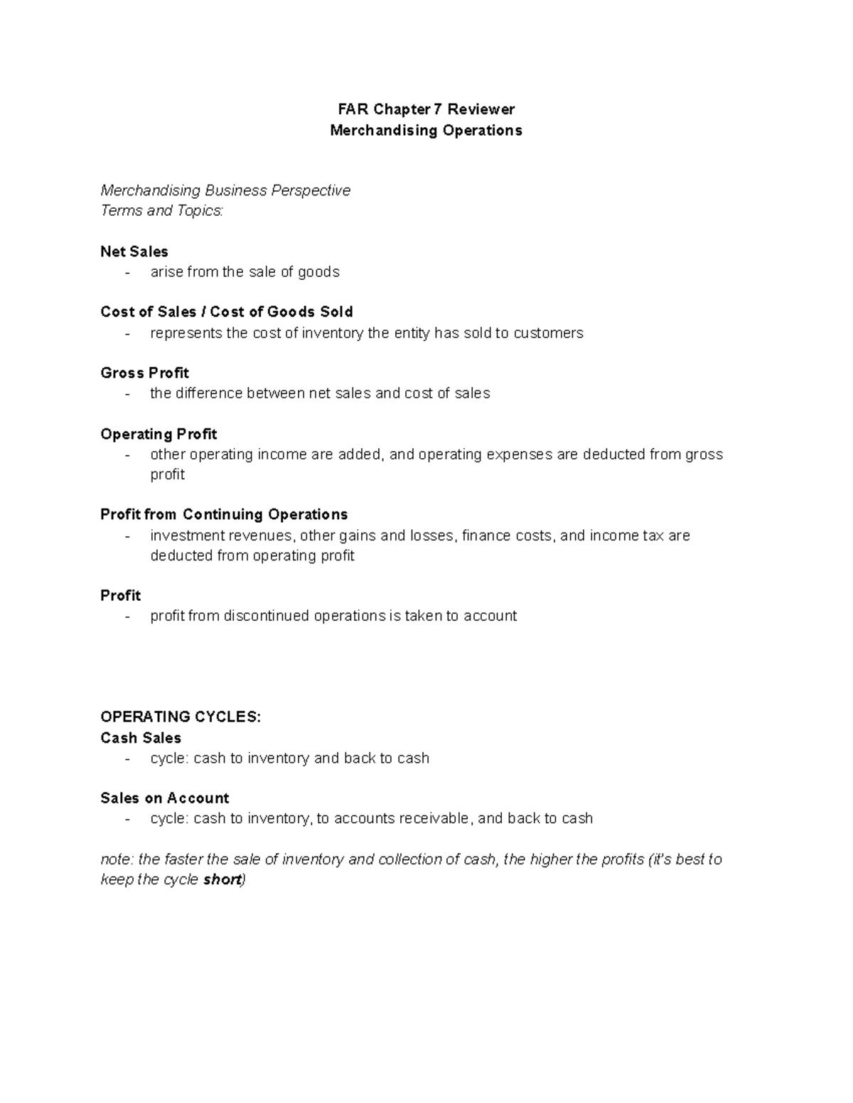 FAR Chapter 7 Reviewer: Key Concepts in Merchandising Operations - Studocu