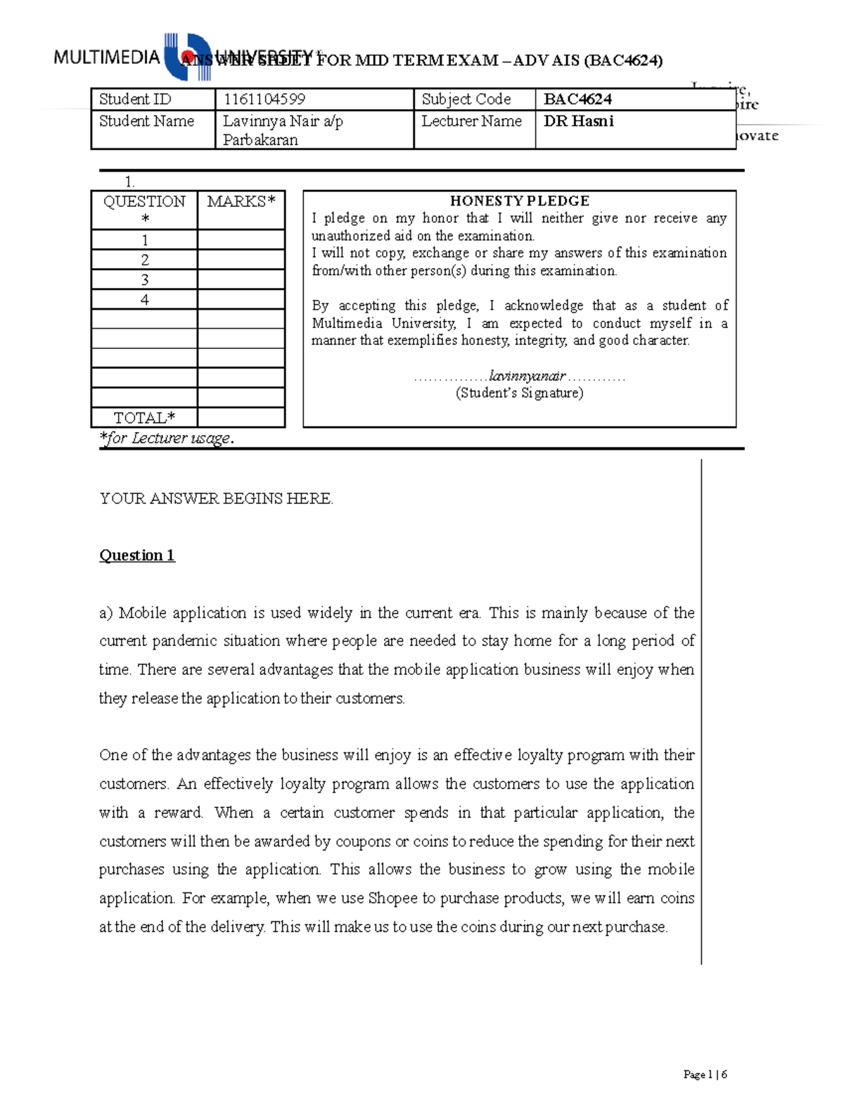 Answer Sheet BAC4624 1161104599 - Student ID 1161104599 Subject Code ...