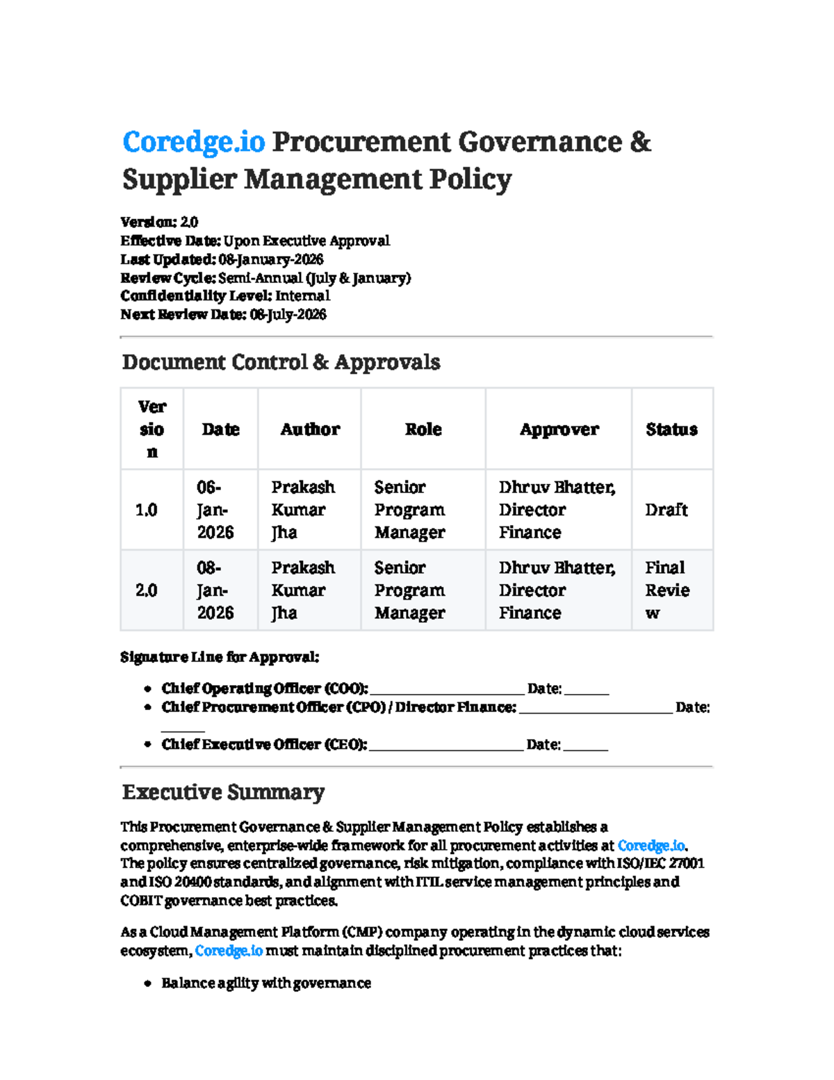 Coredge.io Procurement Governance Policy V2.0: Supplier Management ...