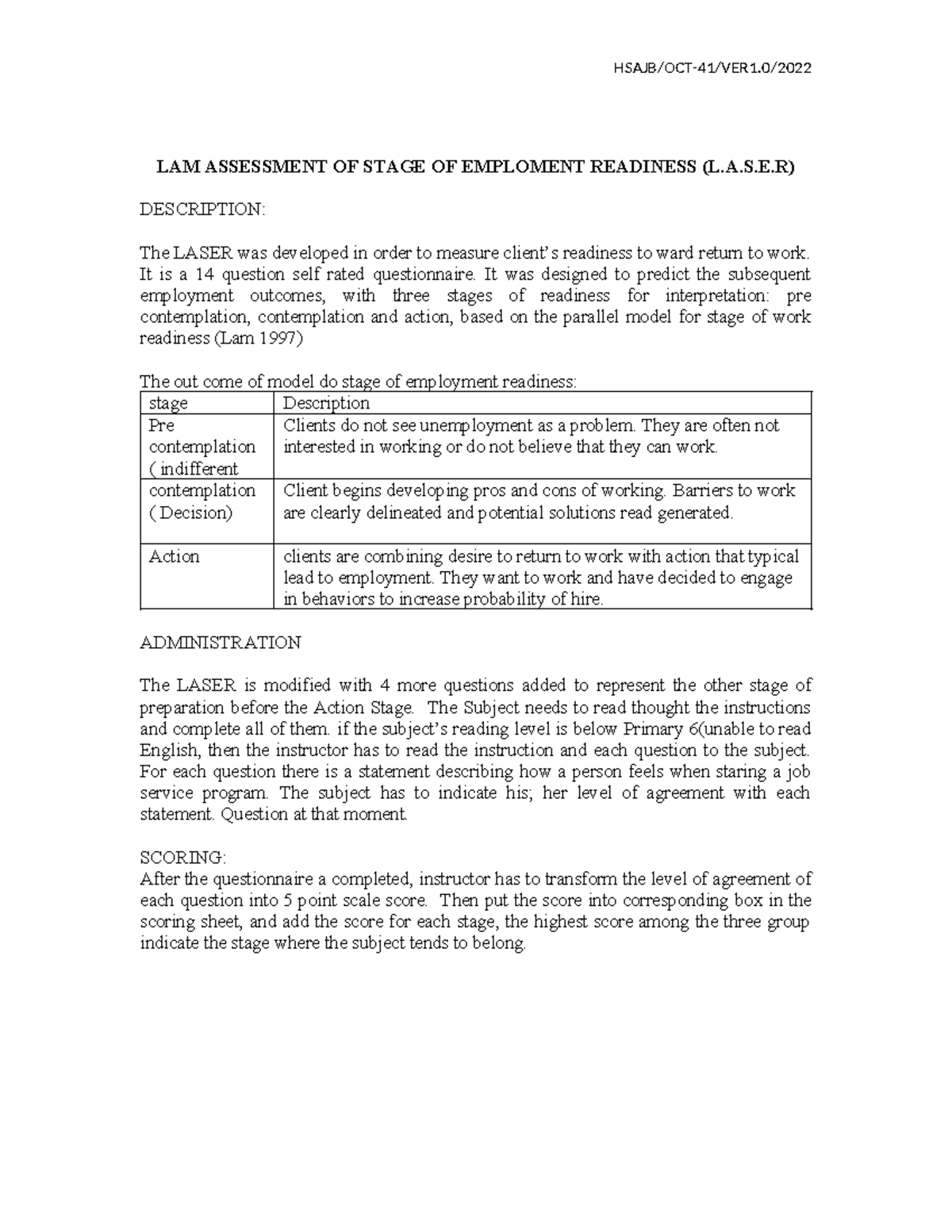 41 LAM L.A.S.E.R Assessment of Employment Readiness Evaluation - Studocu