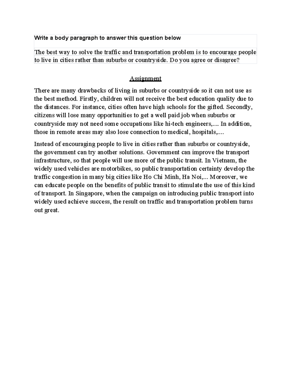 Writing 1: Body Paragraph on Urban vs. Suburban Living Solutions - Studocu