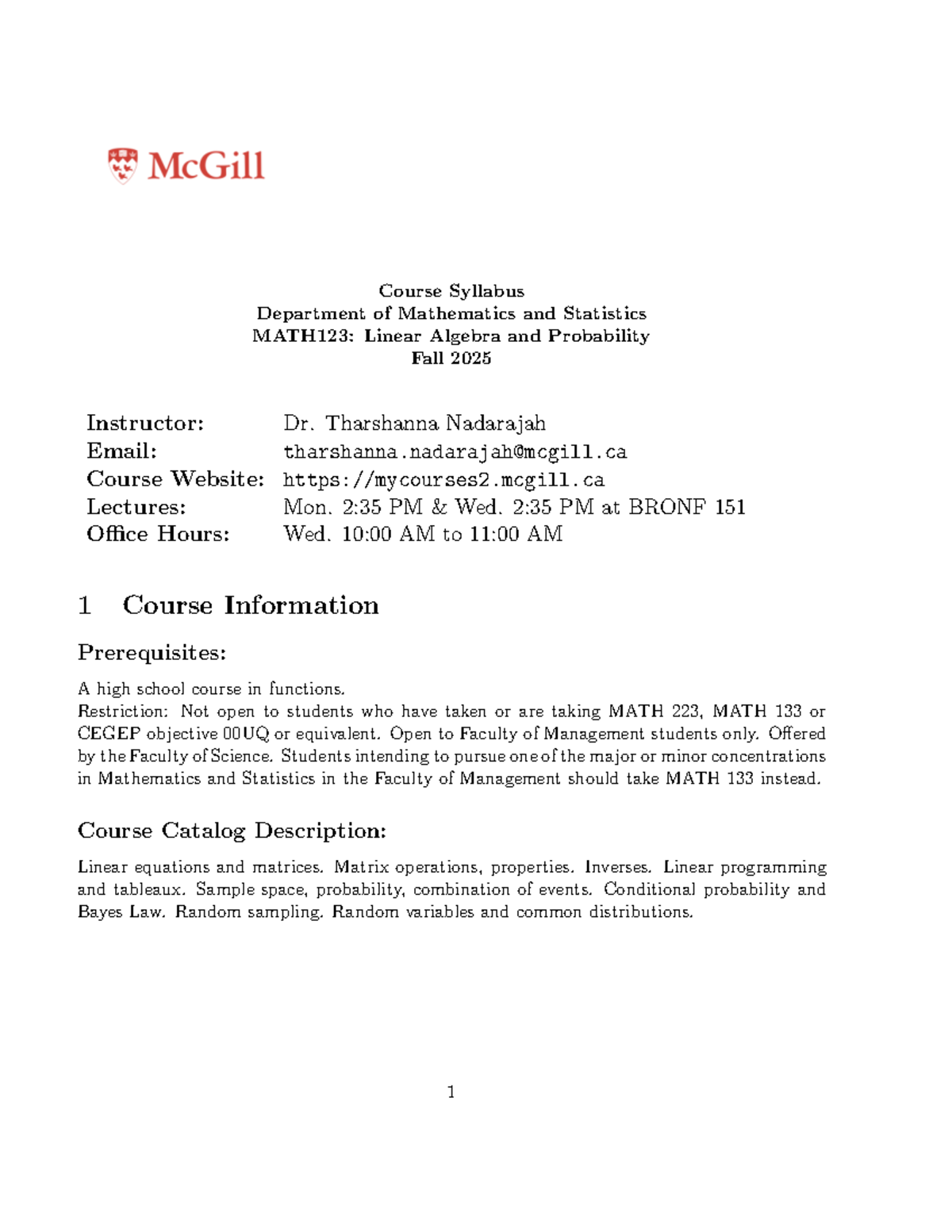 Course Outline for MATH123: Linear Algebra and Probability - Fall 2025 ...