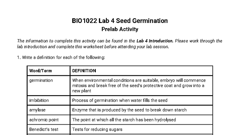 BIO1022 Lab 4 Prelab Activity: Seed Germination Insights - Studocu