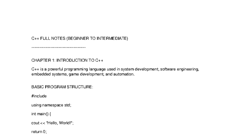 CPP Notes: Beginner to Intermediate Programming Concepts - Studocu