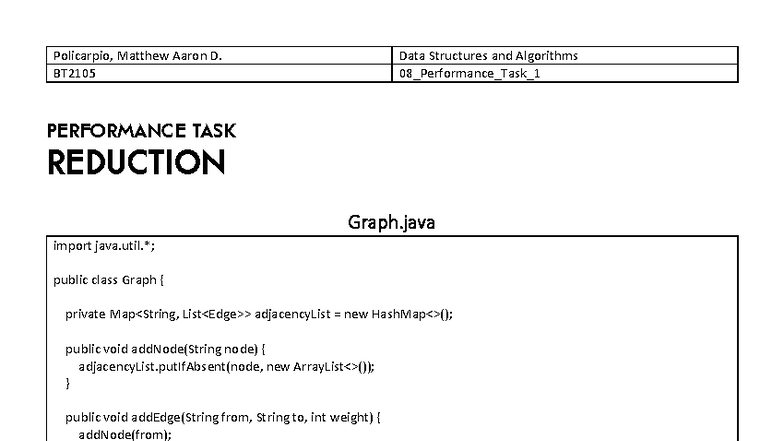 BT2105 Data Structures & Algorithms: Performance Task 1 - Studocu