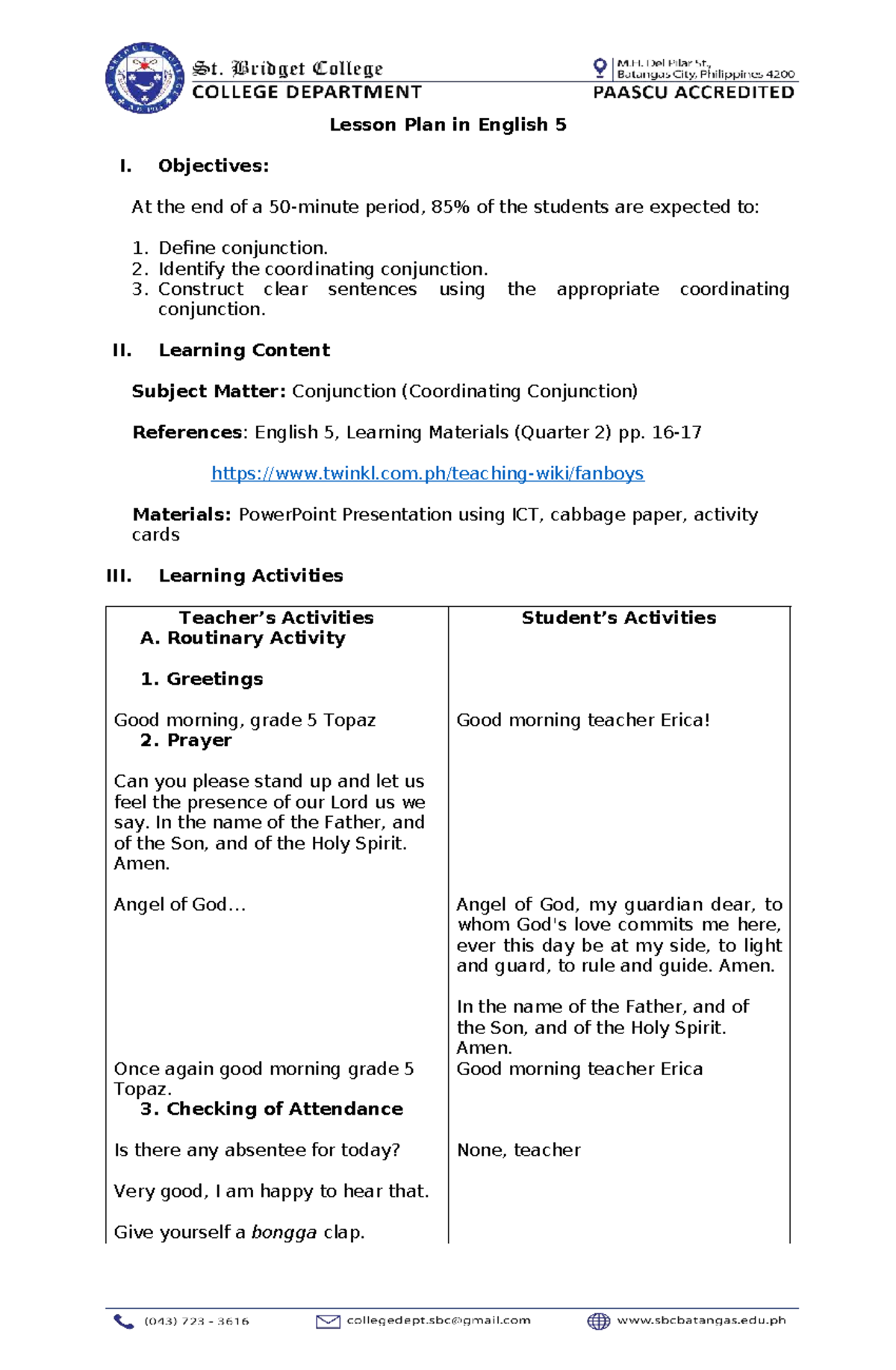 Lesson Plan: Understanding Coordinating Conjunctions in English 5 - Studocu