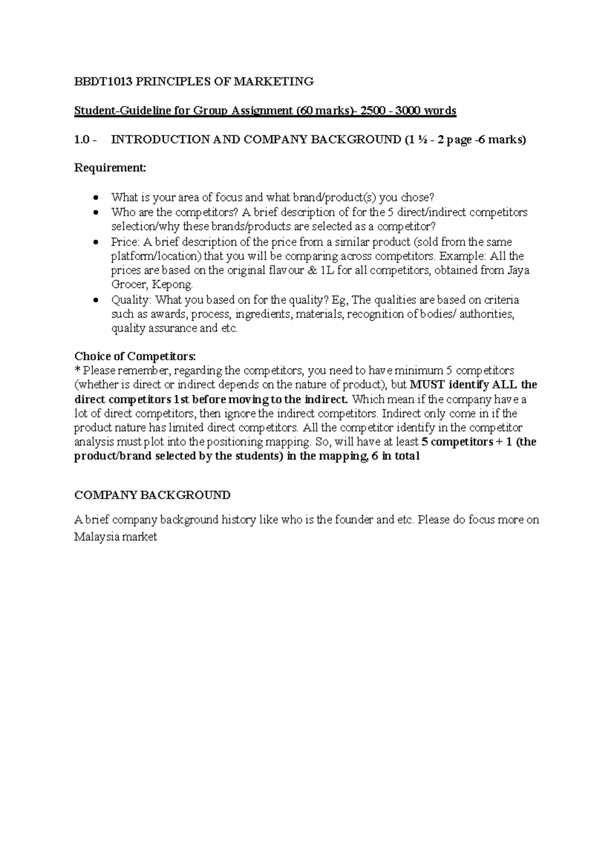 Guidelines for Group Assignment in BBDT1013: Principles of Marketing ...