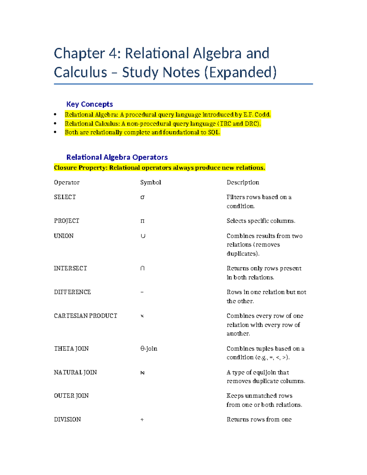 Chapter 4: Relational Algebra & Calculus Study Notes (Key Concepts ...