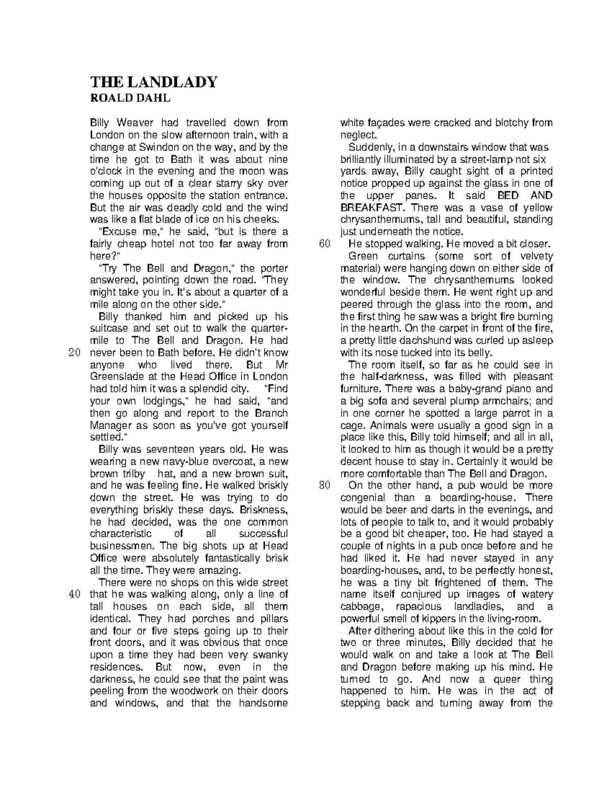 The Landlady (ENG 101) - A Study of Roald Dahl's Short Story - Studocu