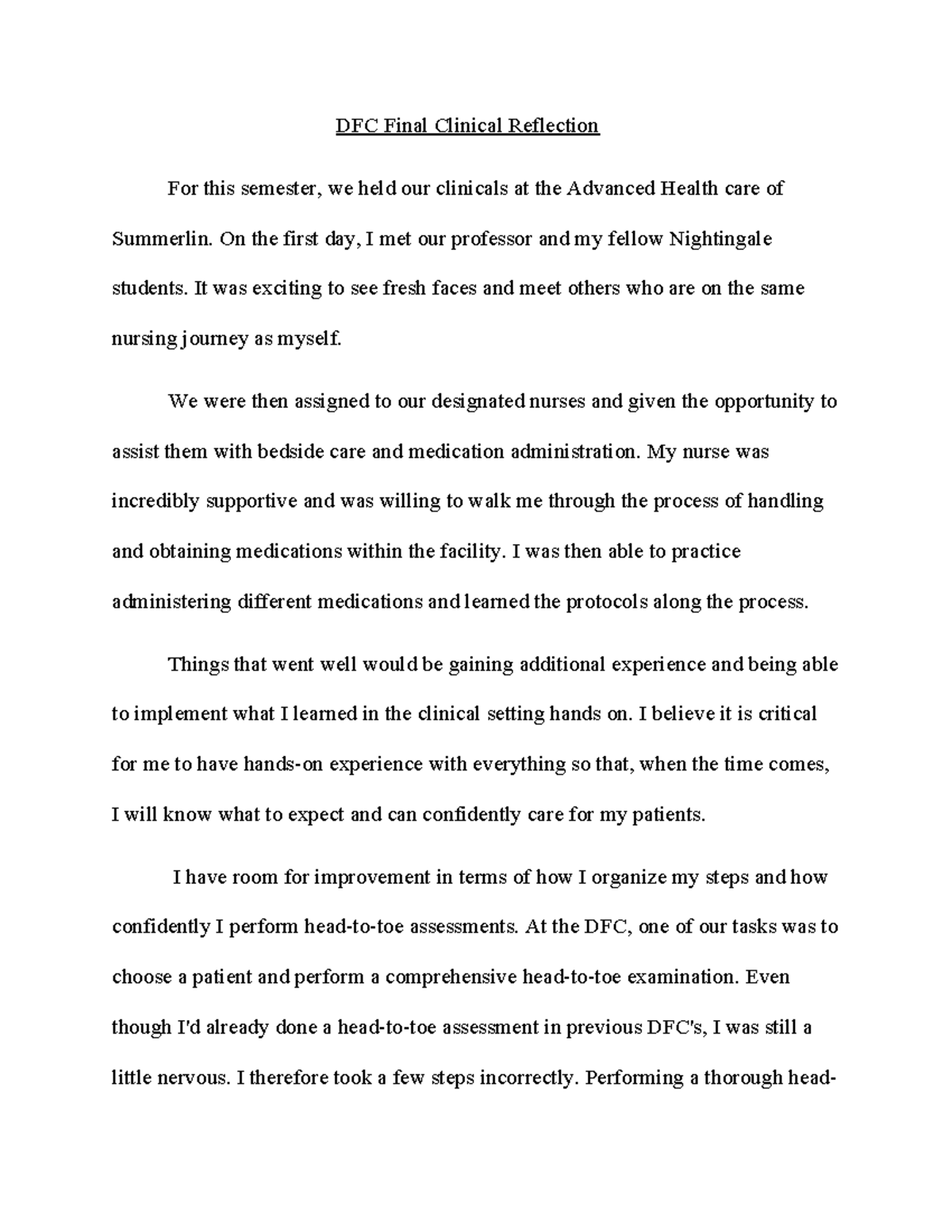 DFC Final Clinical Reflection: Insights and Experiences from Clinicals ...