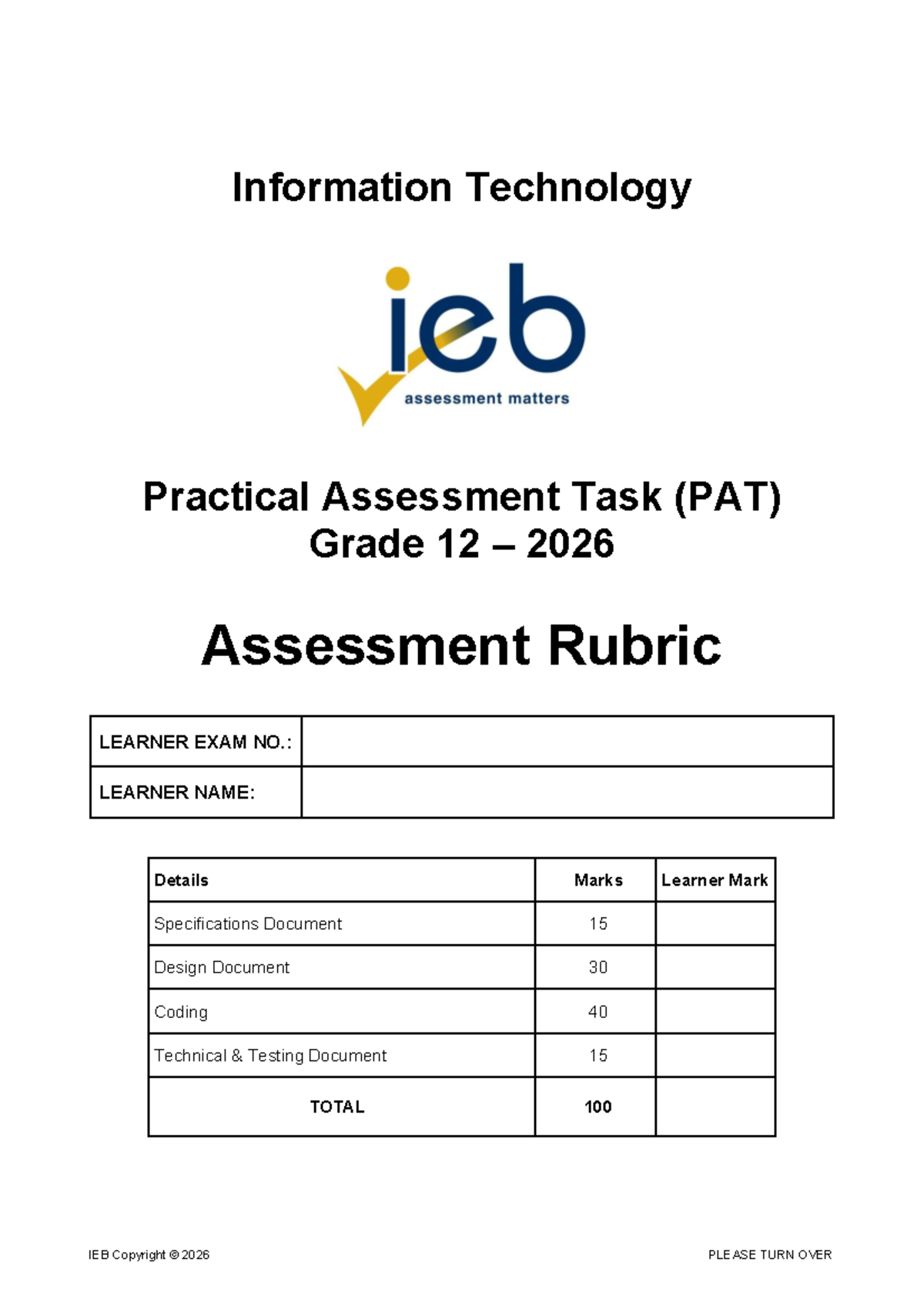 Grade 12 Information Technology PAT Assessment Rubric 2026 - Studocu