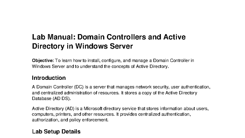Lab Manual: Domain Controllers & Active Directory (CS101) - Studocu