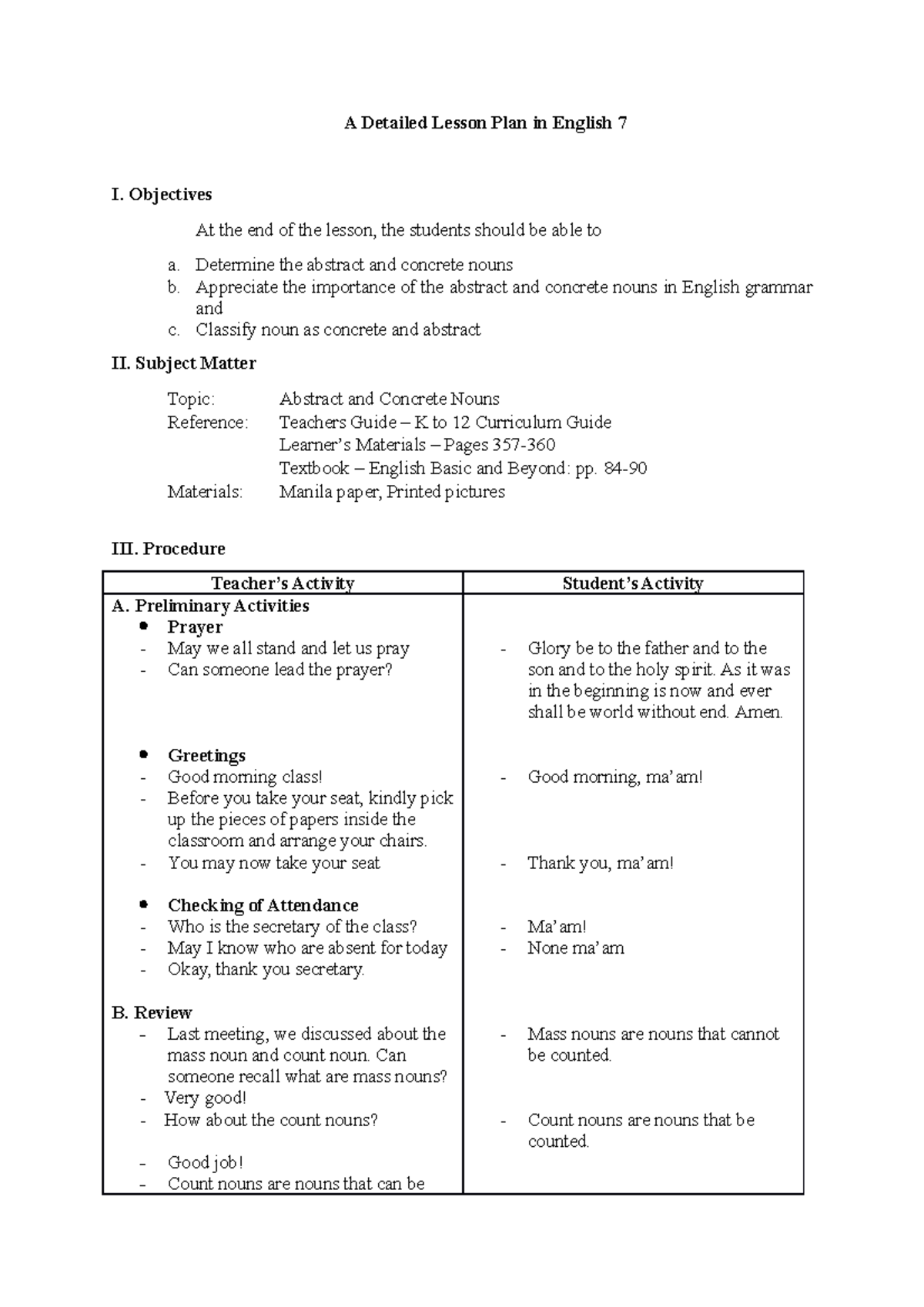 Lesson PLAN- The Kinds of Noun - A Detailed Lesson Plan in English 7 I ...