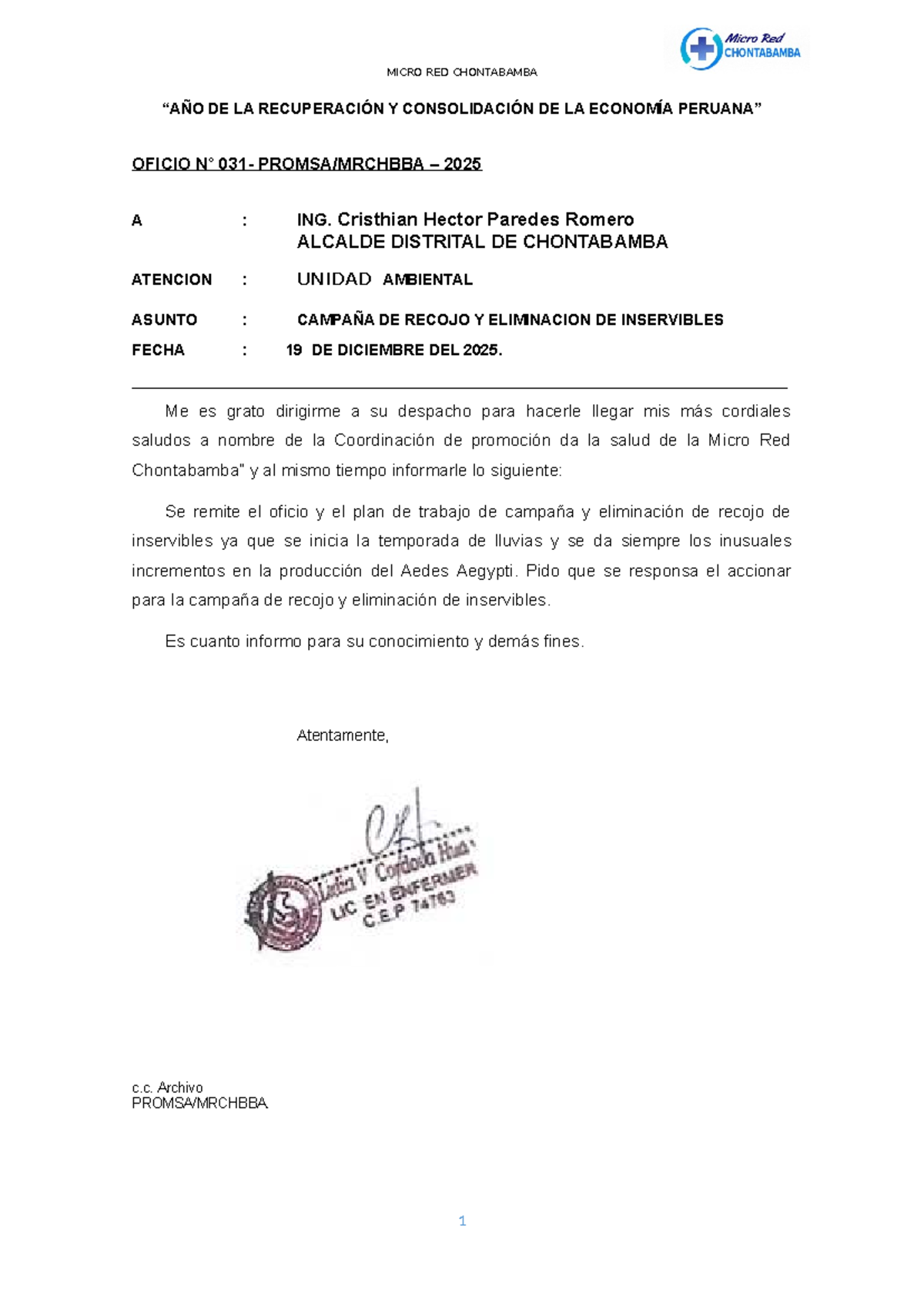 Campaña de Recojo y Eliminación de Inservibles - Micro Red Chontabamba ...