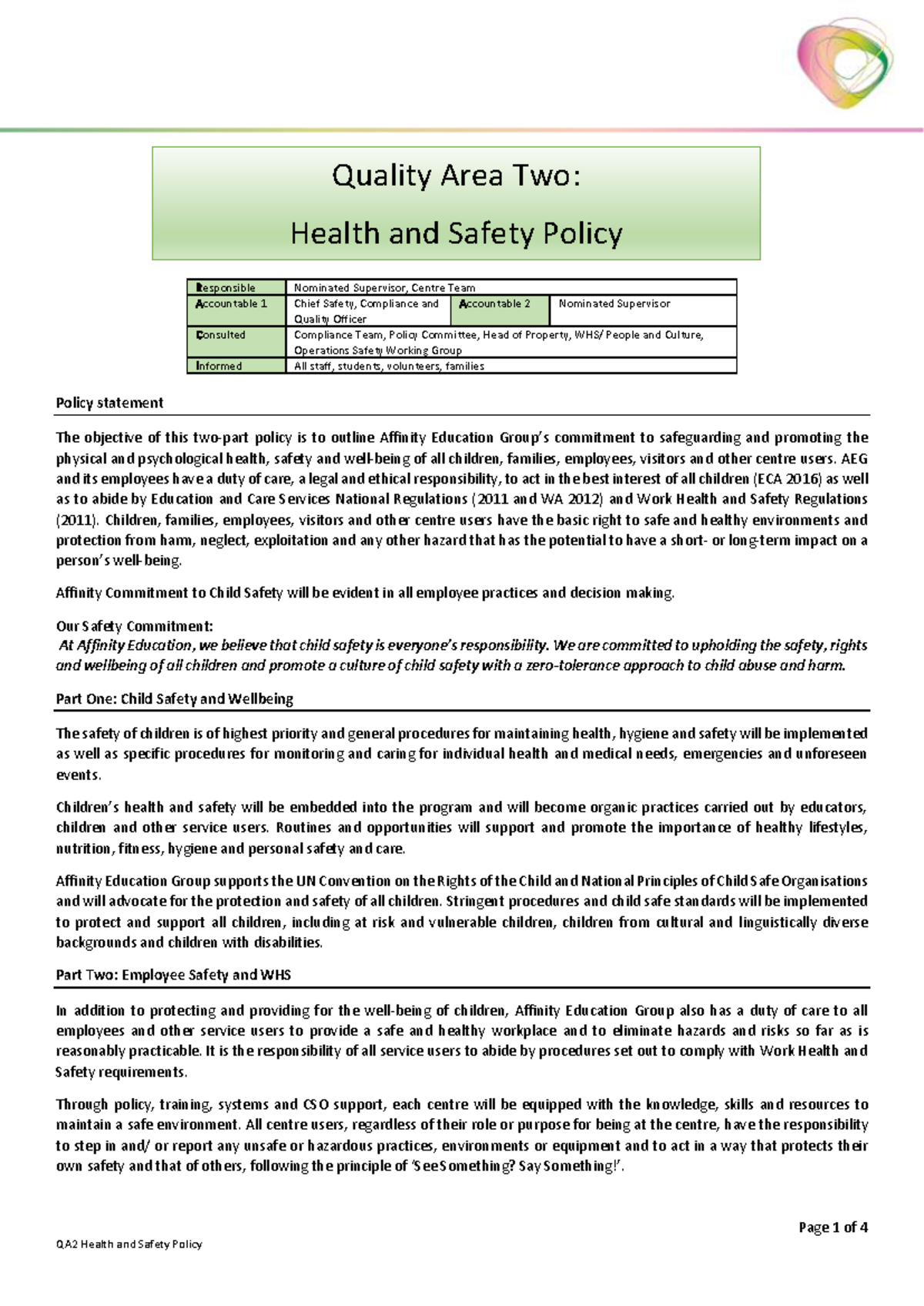 POL QA2 Health and Safety Policy: Commitment to Child and Employee ...