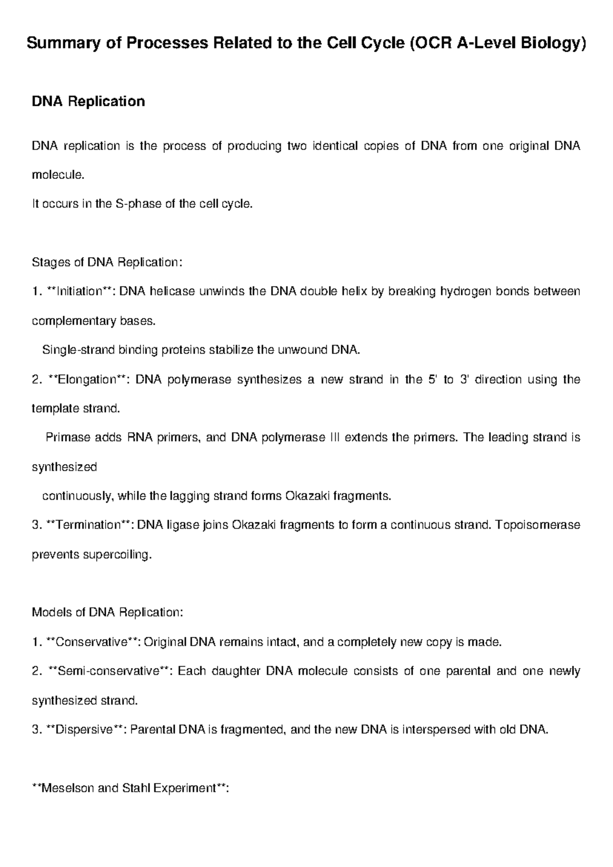Cell Cycle Processes Summary (OCR Biology) - DNA Replication & Protein ...