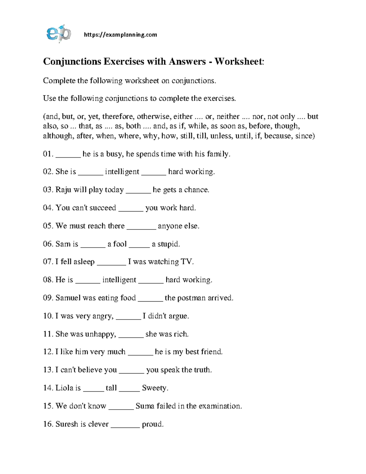 Conjunctions Exercises with Answers Worksheet - Studocu