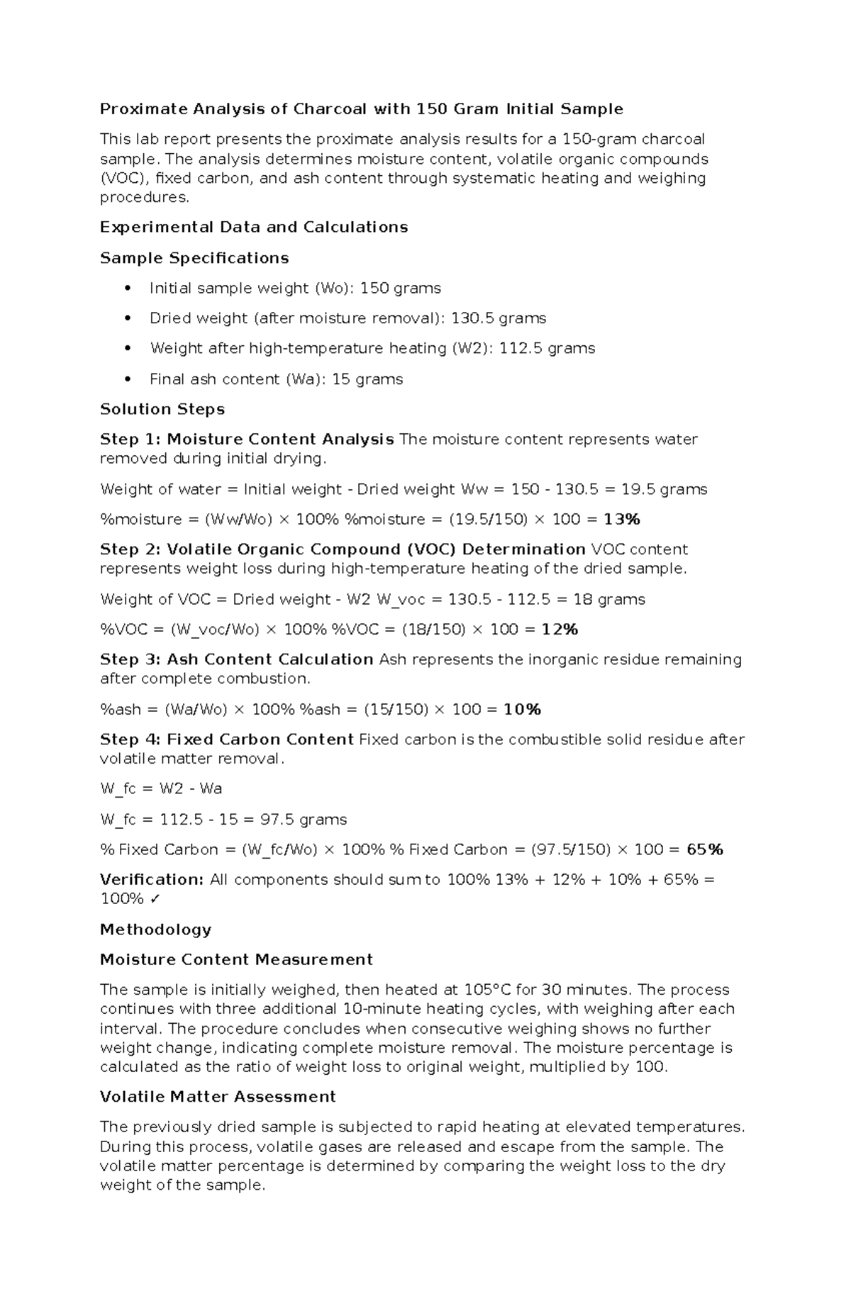 Proximate Analysis Lab Report of Charcoal Sample (150g) - Studocu
