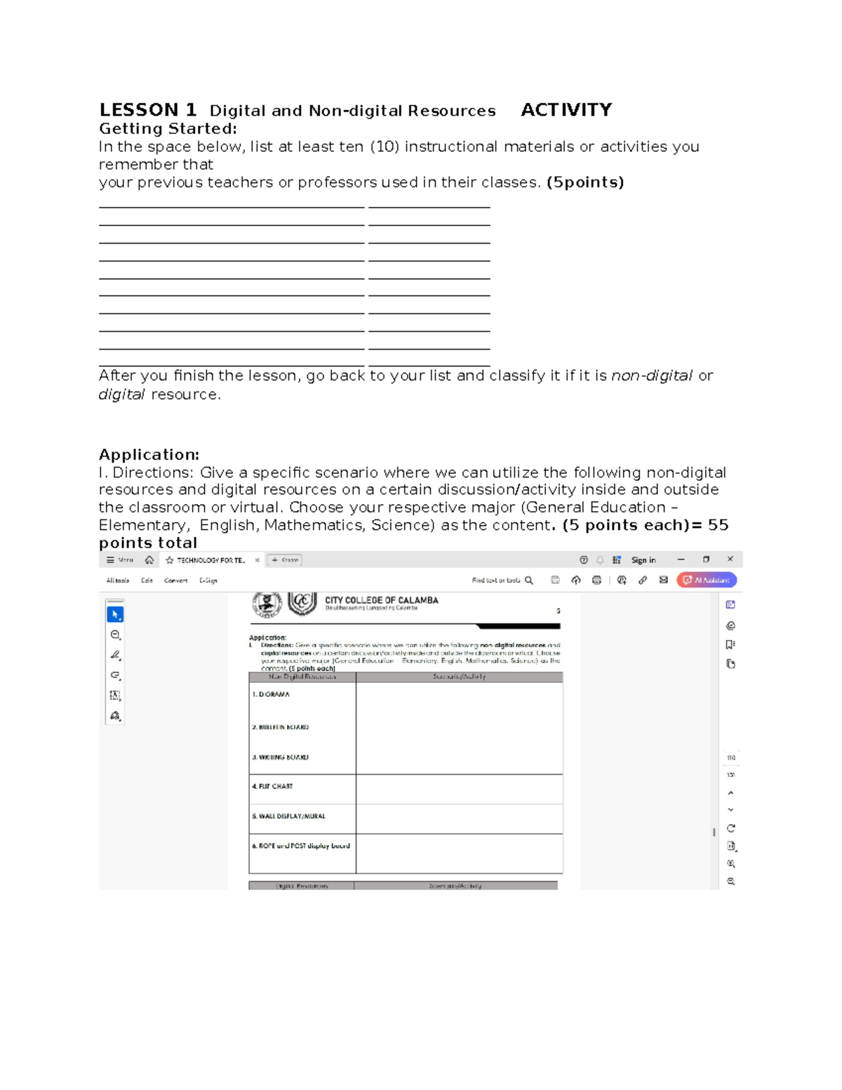 Final Lesson 12: Digital vs Non-Digital Resources Activity - Studocu