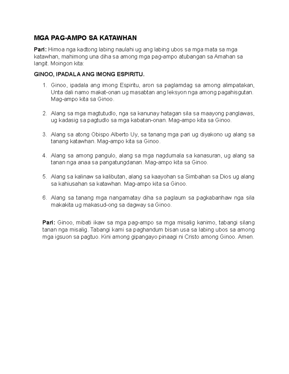 Pag-amposakatawhan: Mga Pag-ampo alang sa Katawhan - Studocu