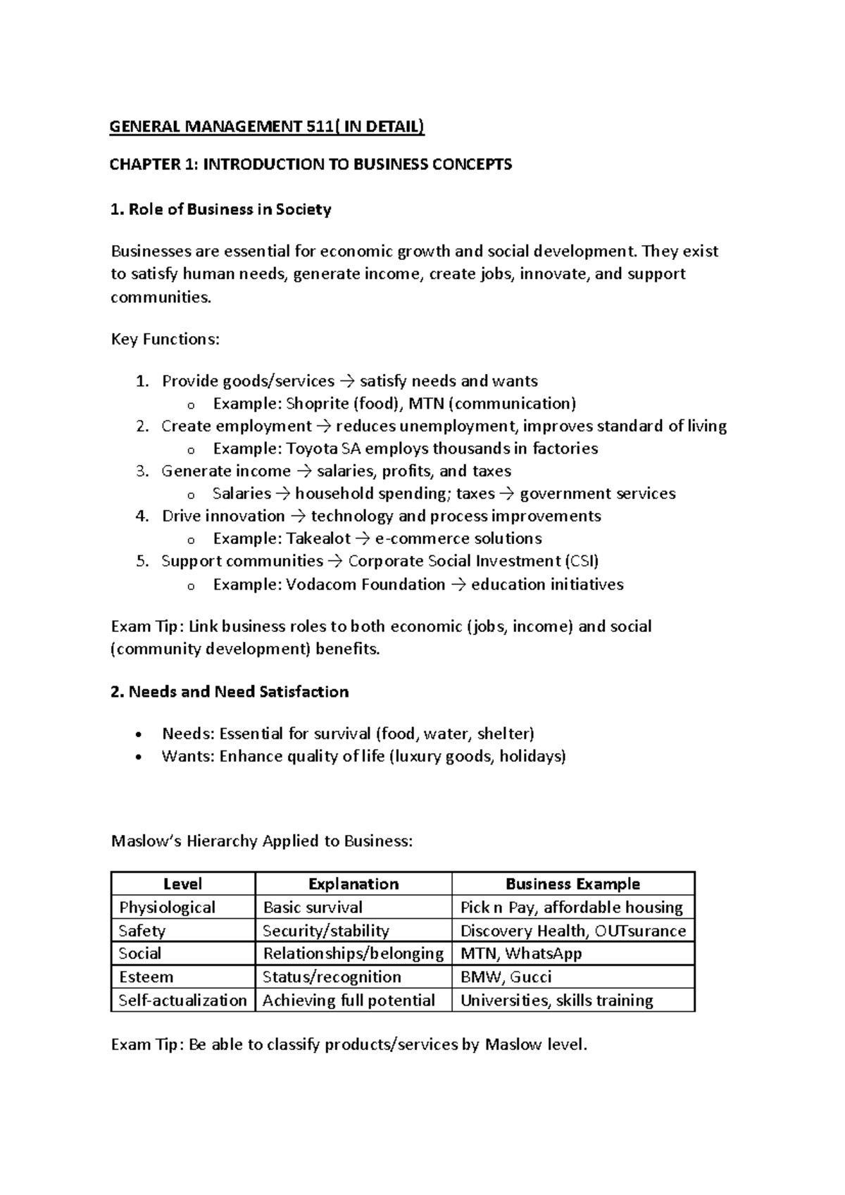 General Management 511: Comprehensive Notes on Business Concepts and ...