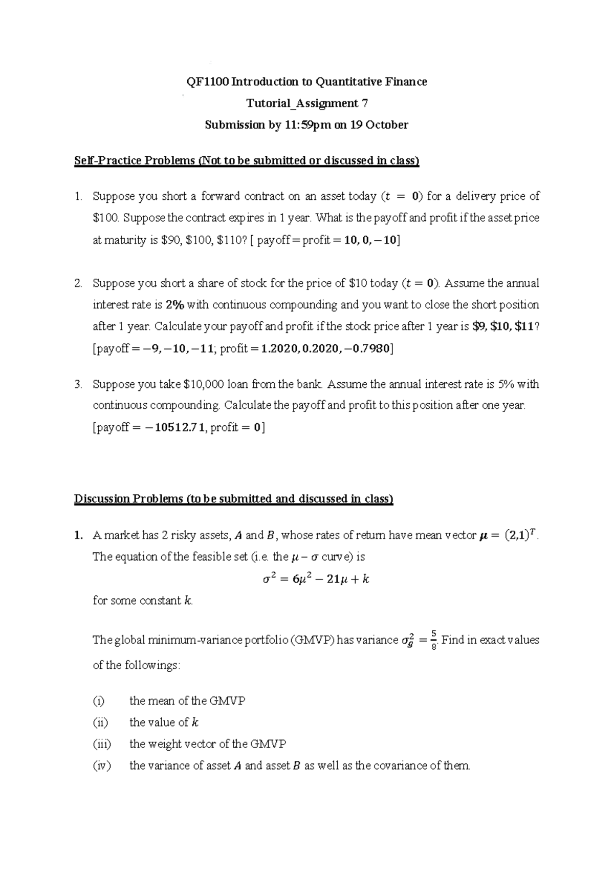 QF1100 Tutorial Assignment 7: Quantitative Finance Problems - Studocu