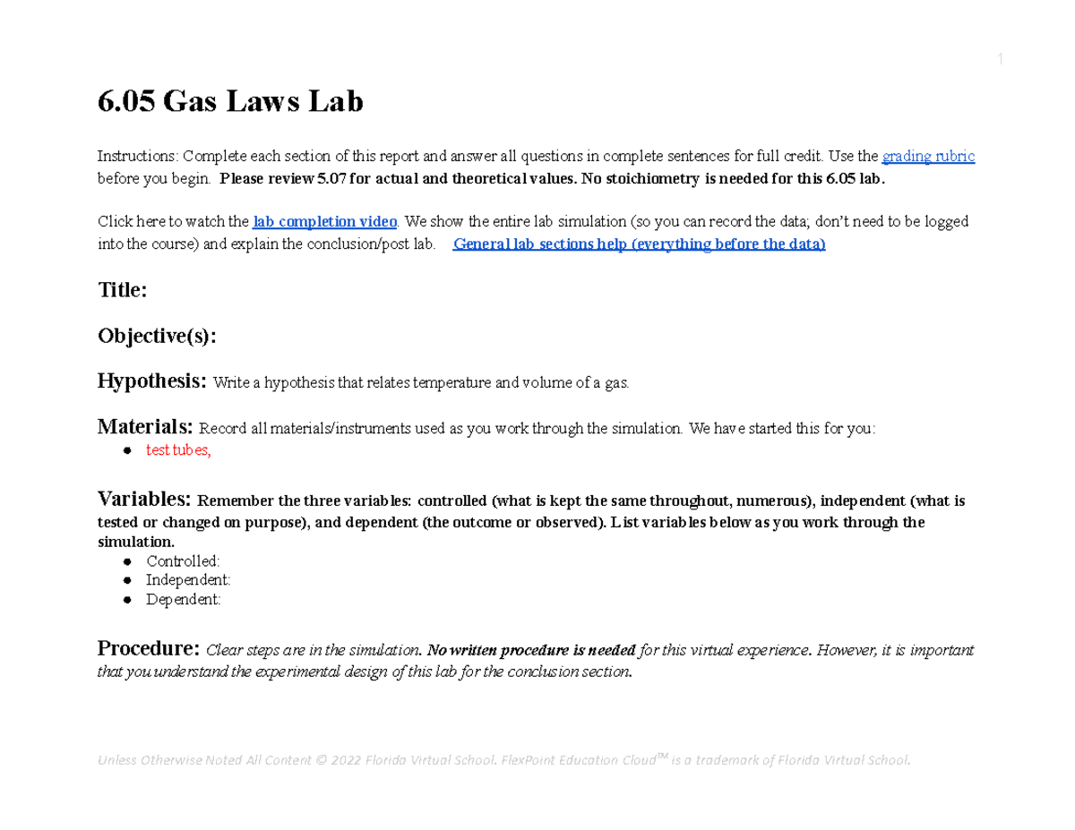 6.05 Gas Laws Lab Chemistry Honors FLVS course - 6 Gas Laws Lab ...