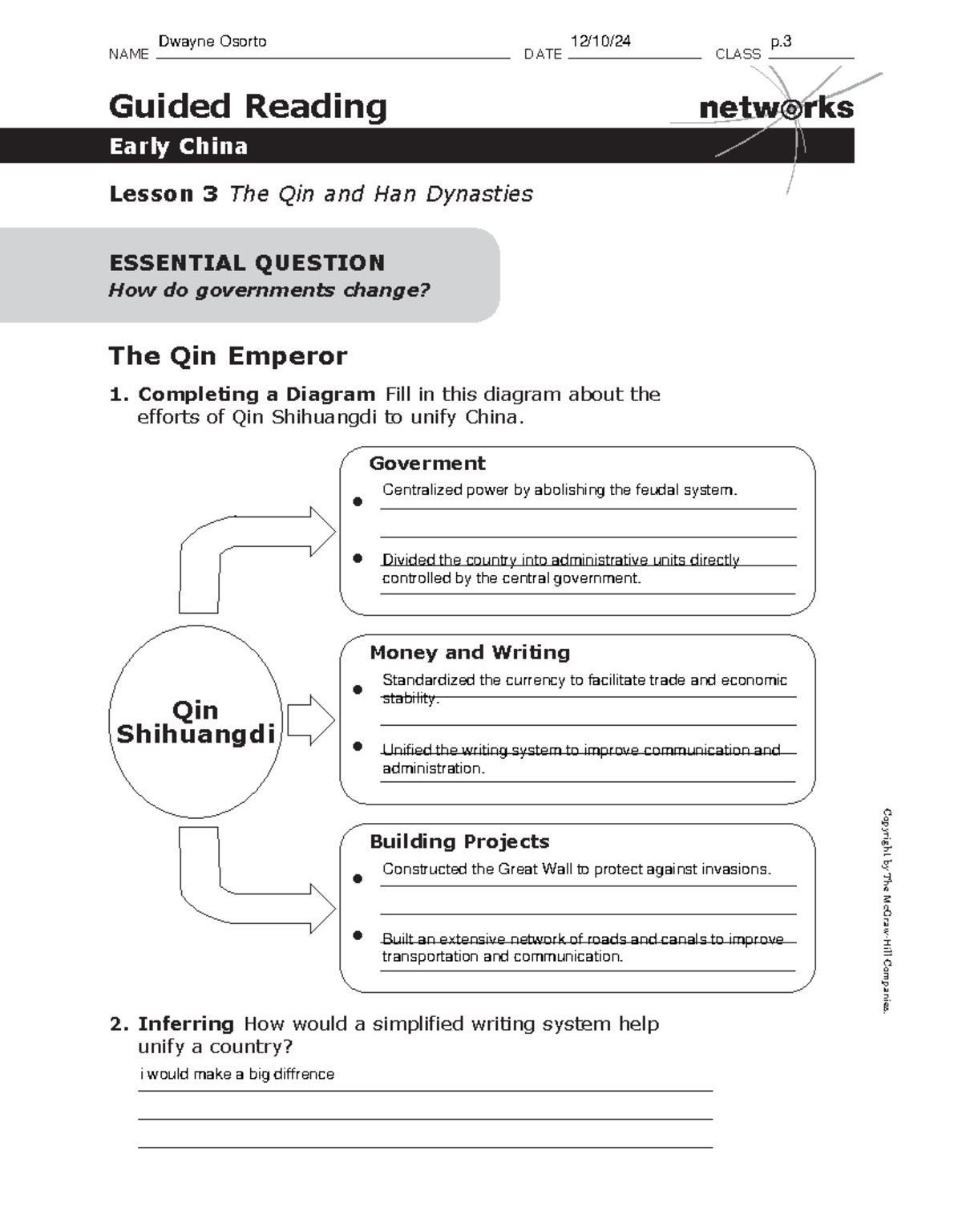 Guided Reading: Lesson 3 on The Qin and Han Dynasties in Early China ...
