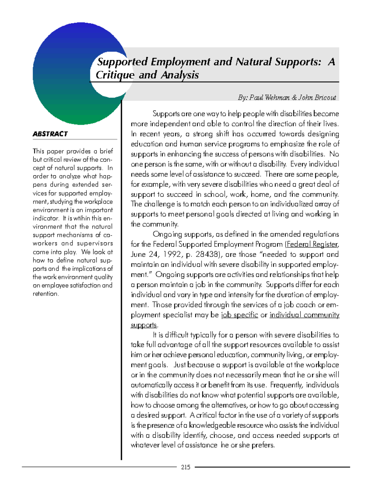 Supported Employment and Natural Supports: A Comprehensive Review - Studocu