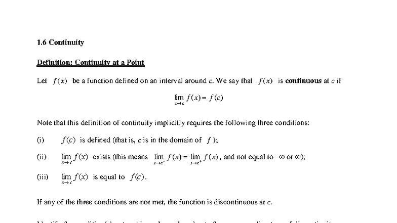 1.6 Continuity - Class Notes for Unit 1, Lesson 6 - Studocu