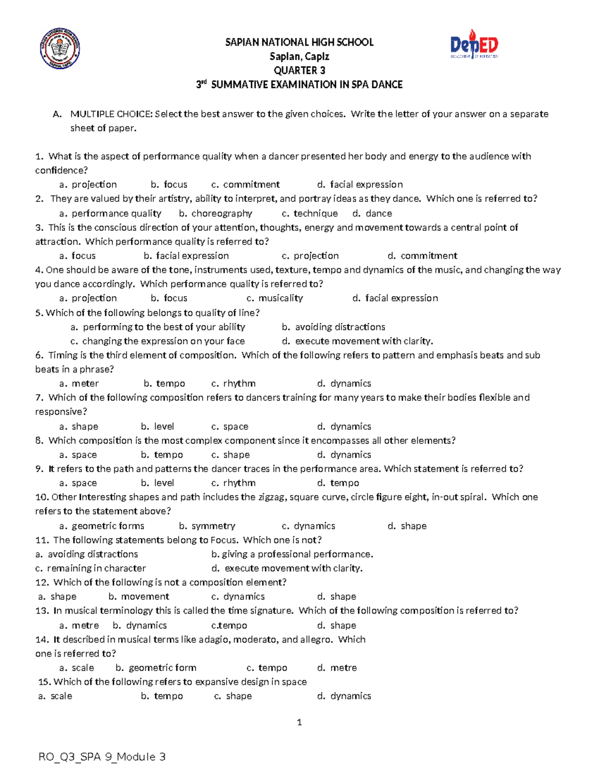 SPA 9 Q3 Summative Exam: Daily Lesson Plan Template - Studocu