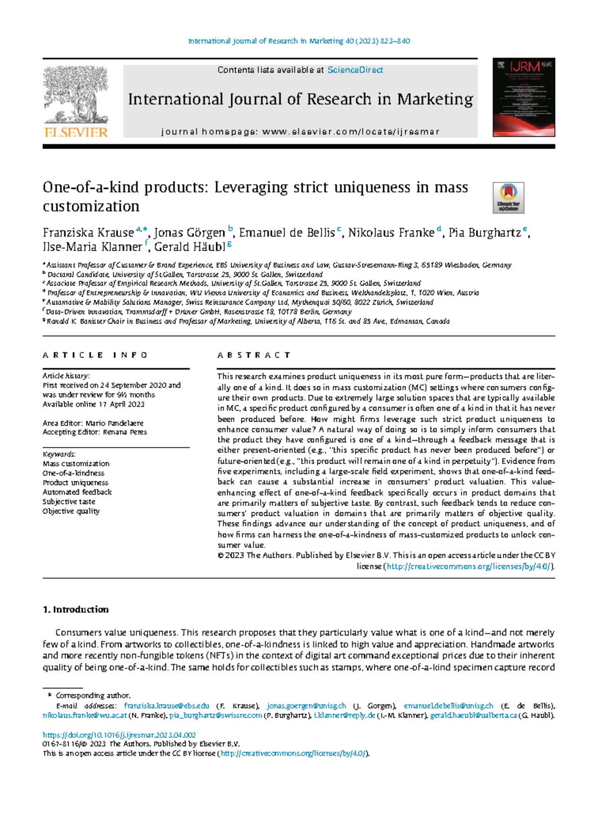 Leveraging Uniqueness in Mass Customization: Insights from Marketing ...