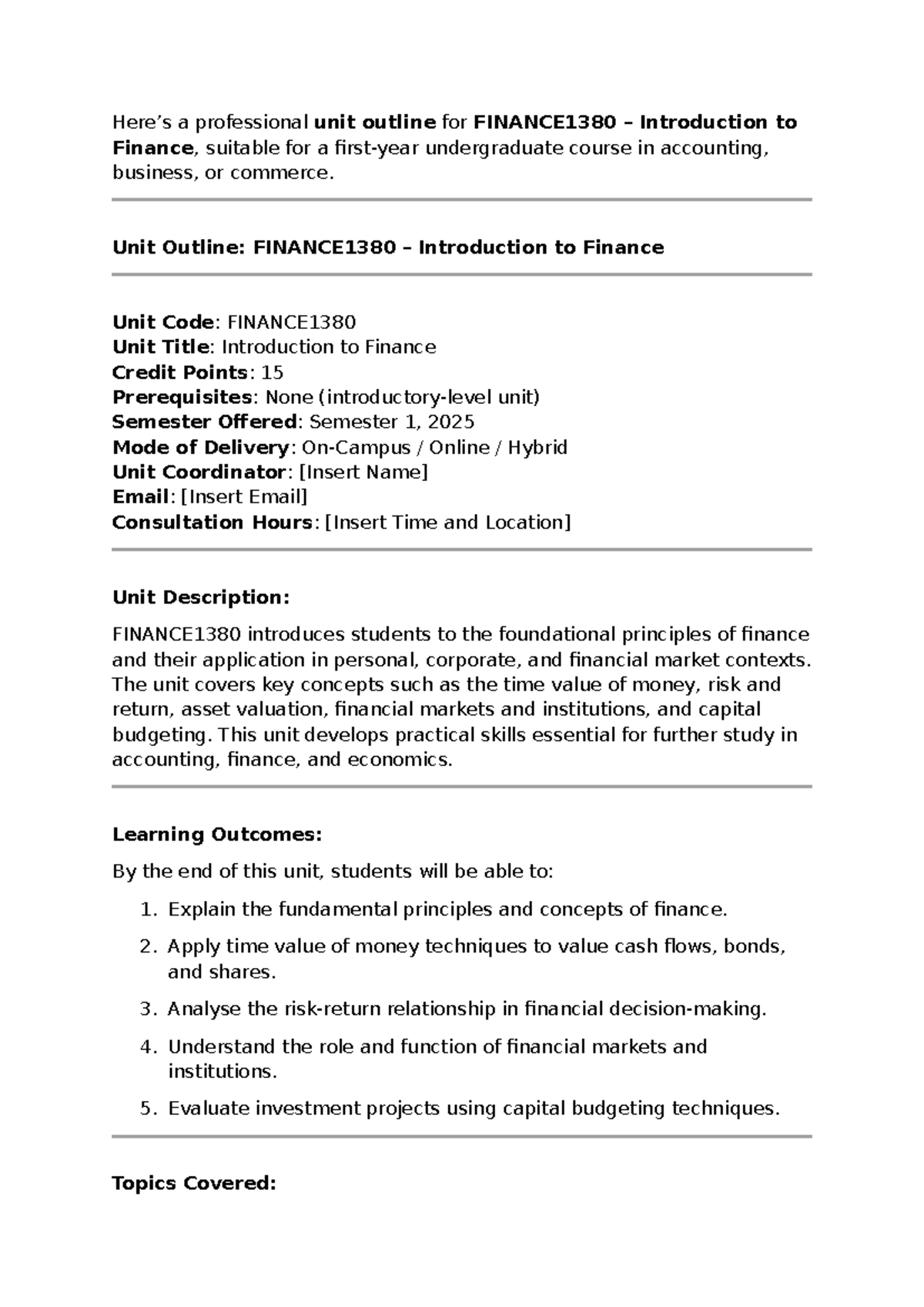 Finance 1380 - unit outline - Here’s a professional unit outline for ...