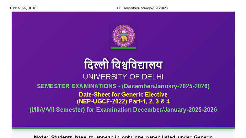 01:18 GE UNIVERSITY OF DELHI SEMESTER EXAMINATION SCHEDULE (DEC 2025 ...