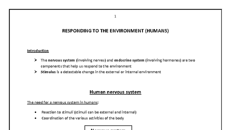 Human Response and Sensory Systems Notes (BIO 101) - Studocu
