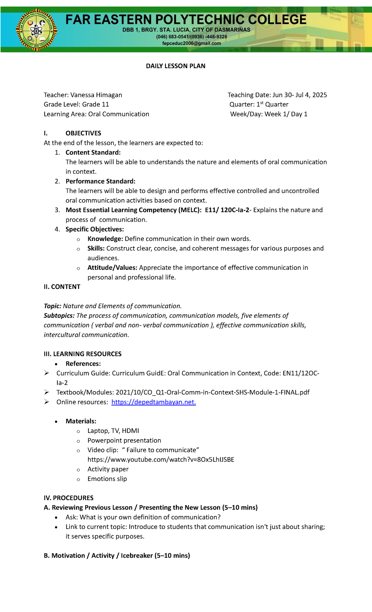 DAILY LESSON PLAN: Oral Communication (Grade 11, 1st Quarter) - Studocu