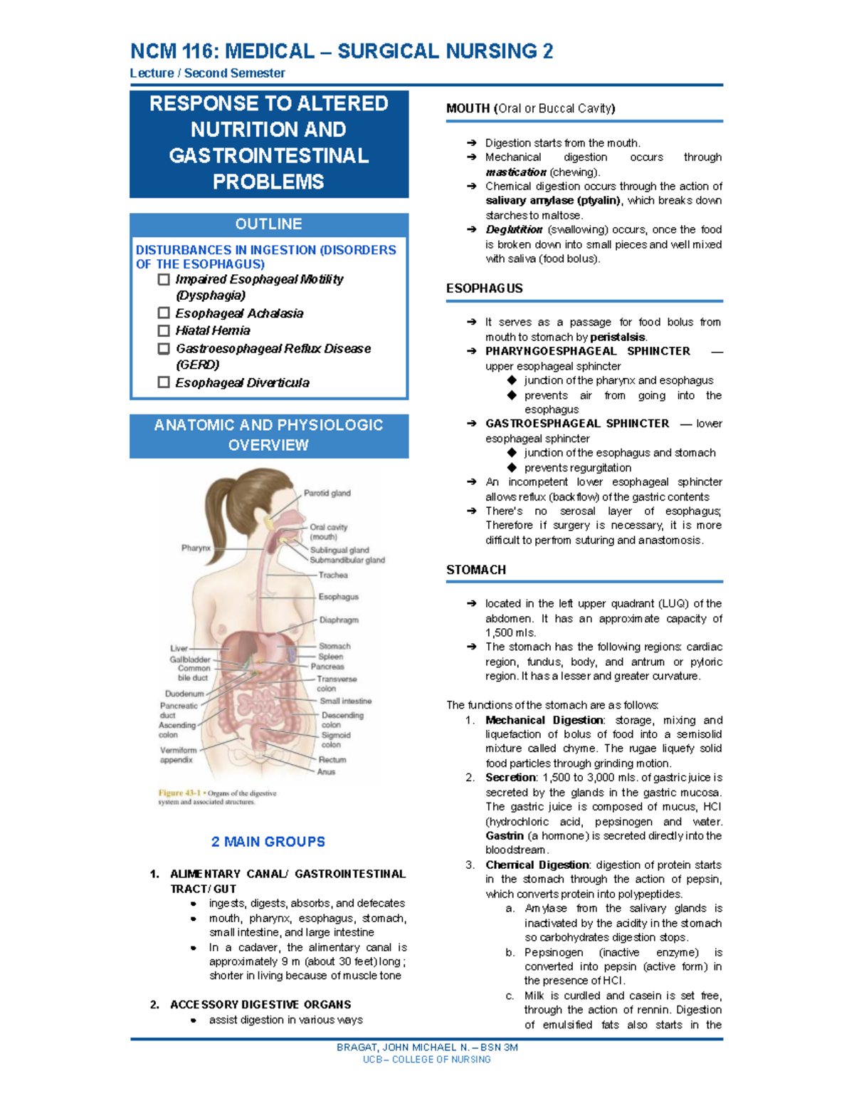 NCM 116: MEDICAL SURGICAL NURSING 2 Lecture Outline on GI Disorders ...