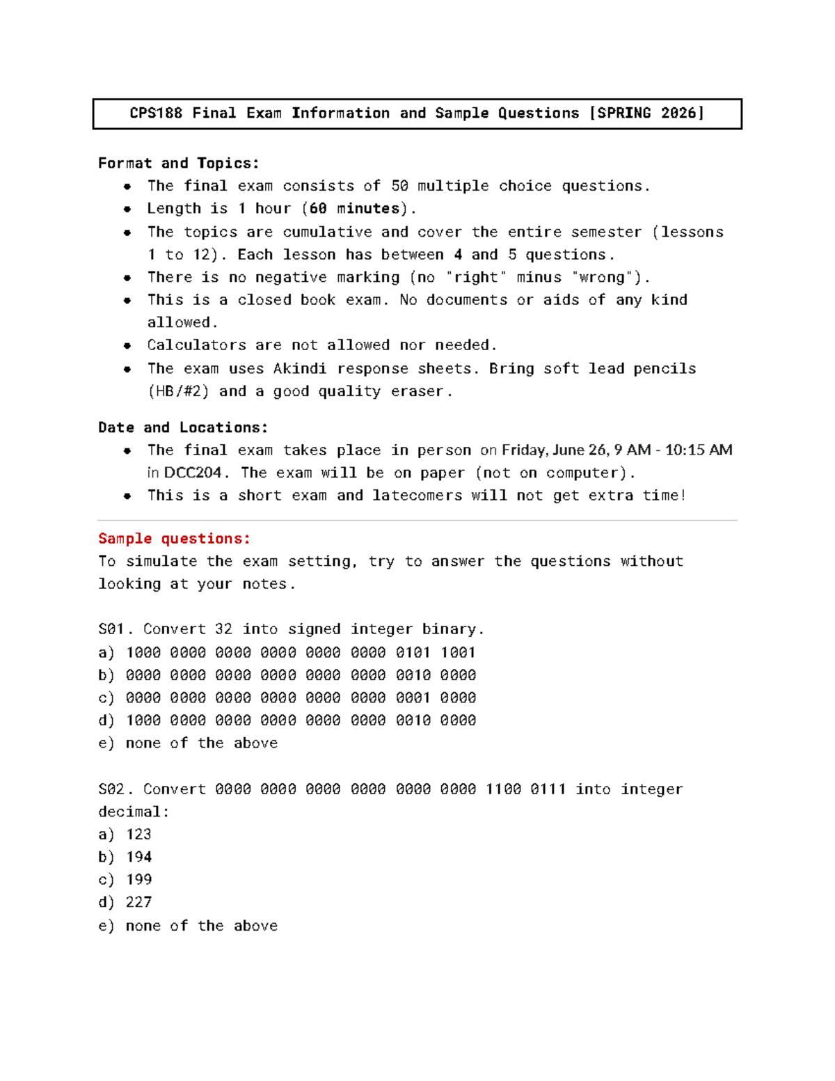 CPS188 Final Exam Guide: Format, Topics & Sample Questions - Studocu